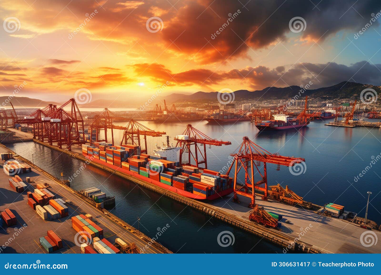 The Infrastructure of a Modern Port, Including Docks, Ships, Cranes ...