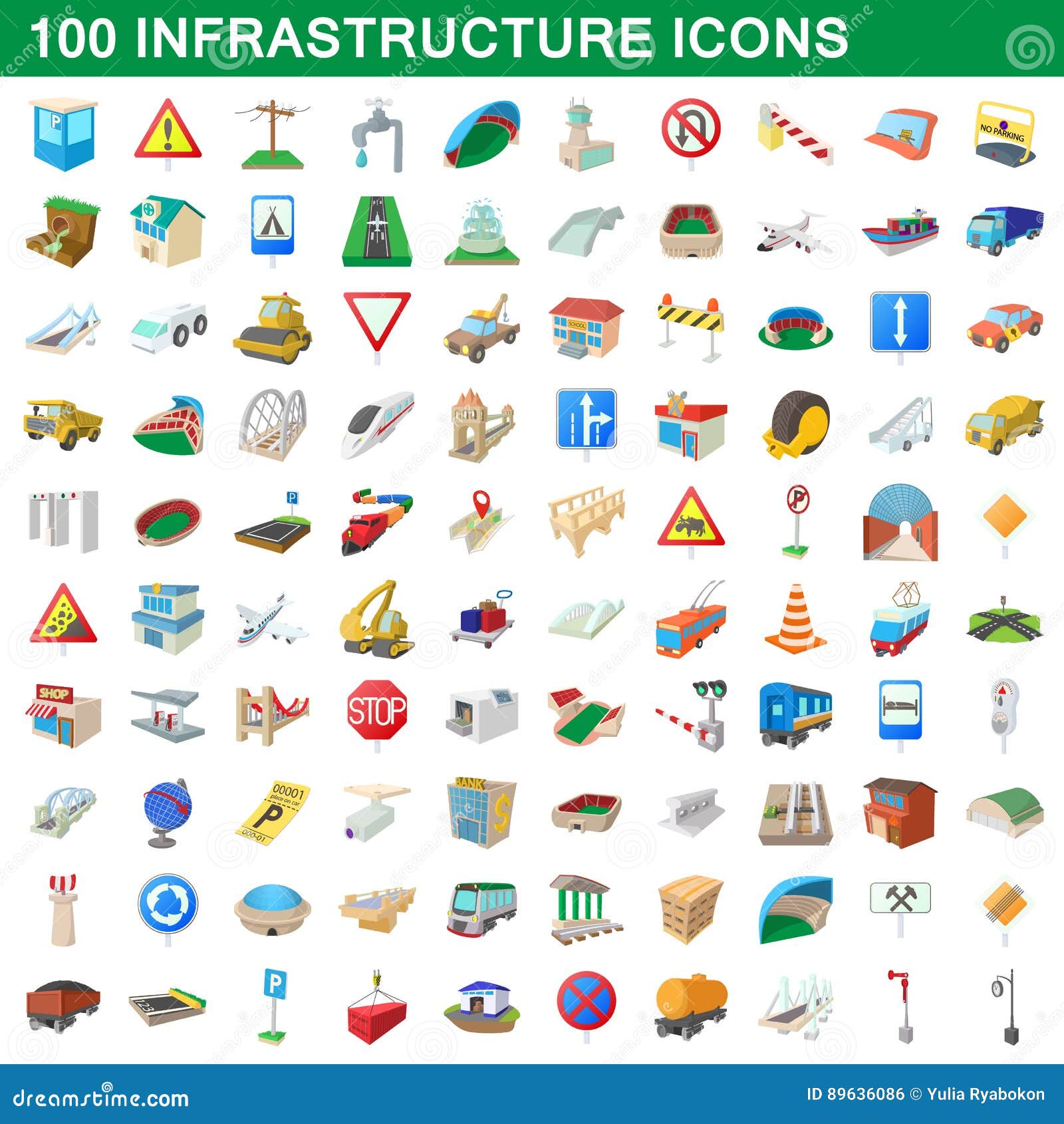 100 Infrastructure Set, Cartoon Style Stock Vector - Illustration of ...