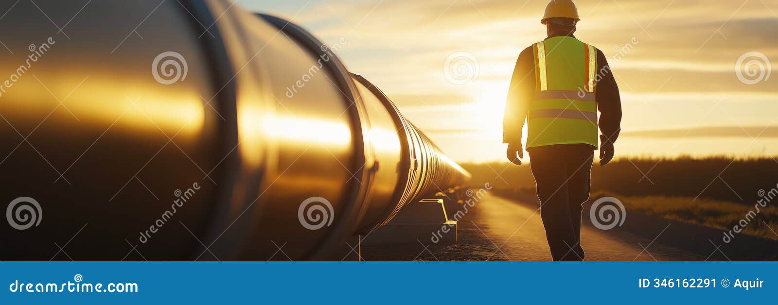Infrastructure Worker Walking Along a Pipeline at Sunset. Oil and Gas ...