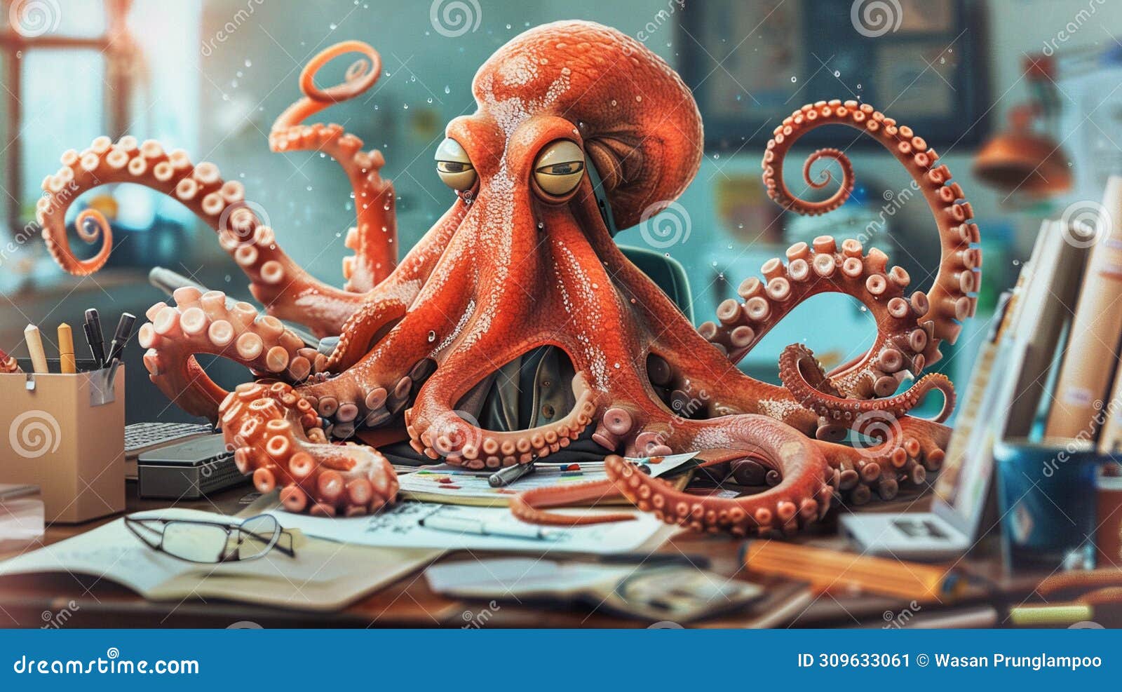 Ingenious Octopus Clad in Office Attire Radiating Joy while Efficiently ...