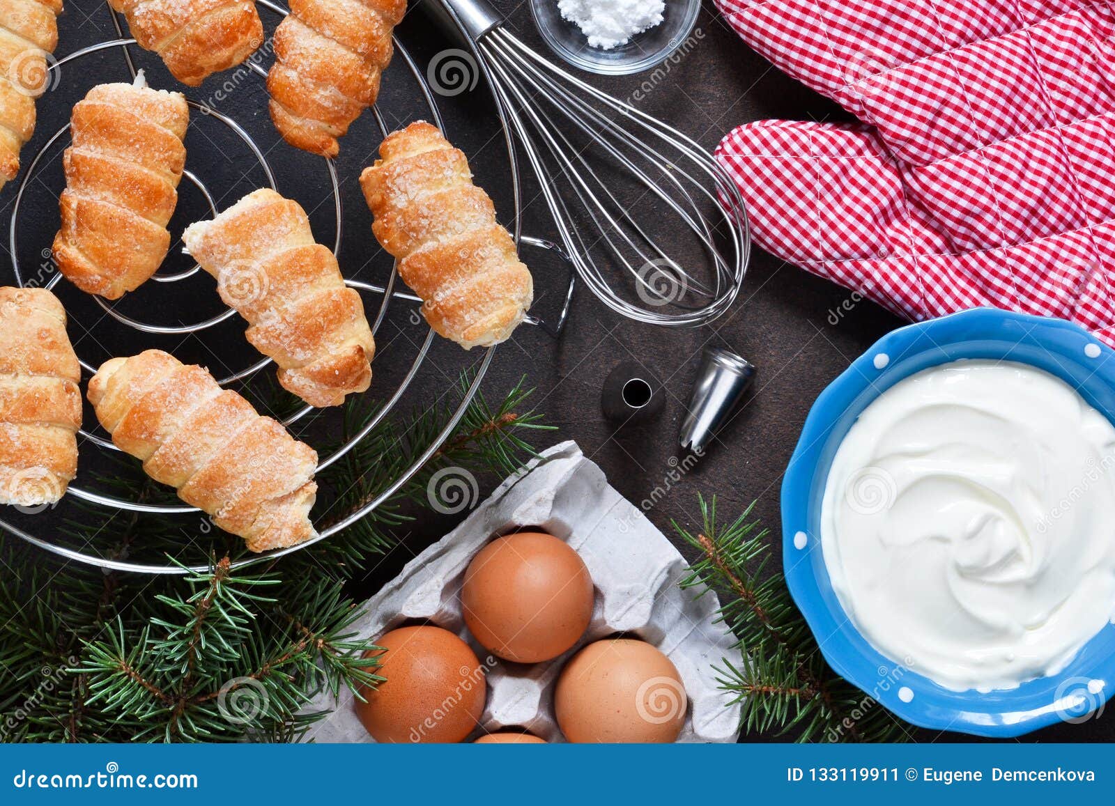 Ingredients for Baking. Christmas Card with Decorations on Concrete ...