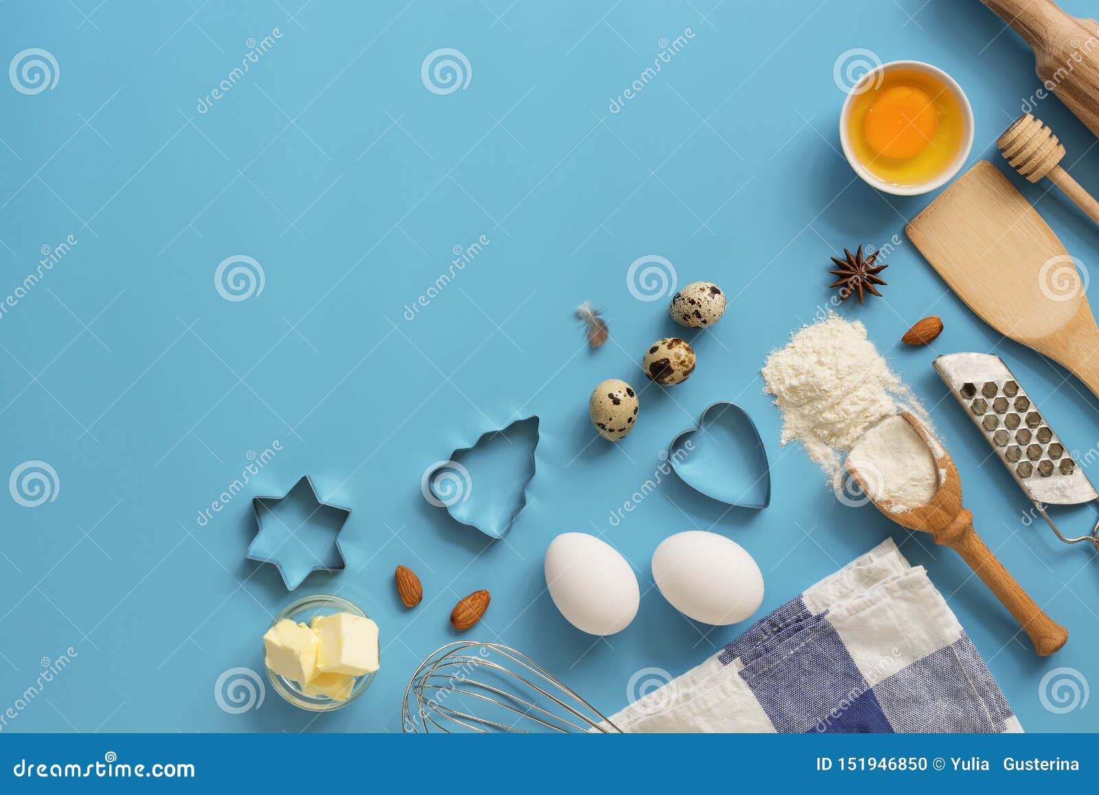 Ingredients for Baking and Kitchen Utensils on a Blue Background. Top ...