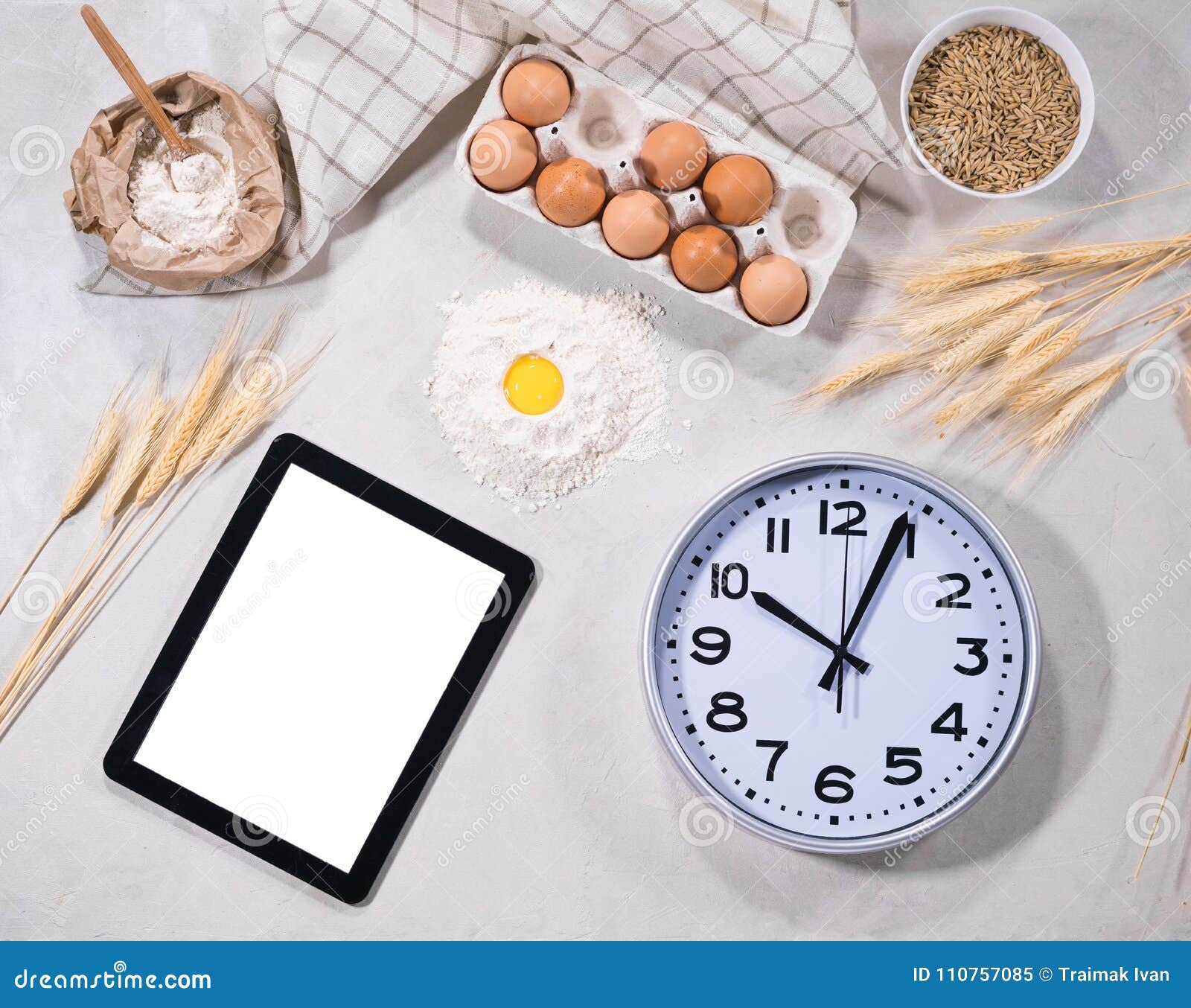 Ingredients for Baking with Tablet and Clock Stock Image - Image of ...