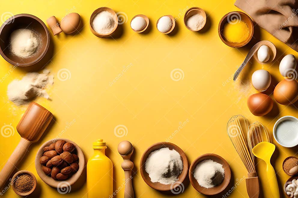 Ingredients and Baking Tools on a Yellow Background Generated Ai Stock ...