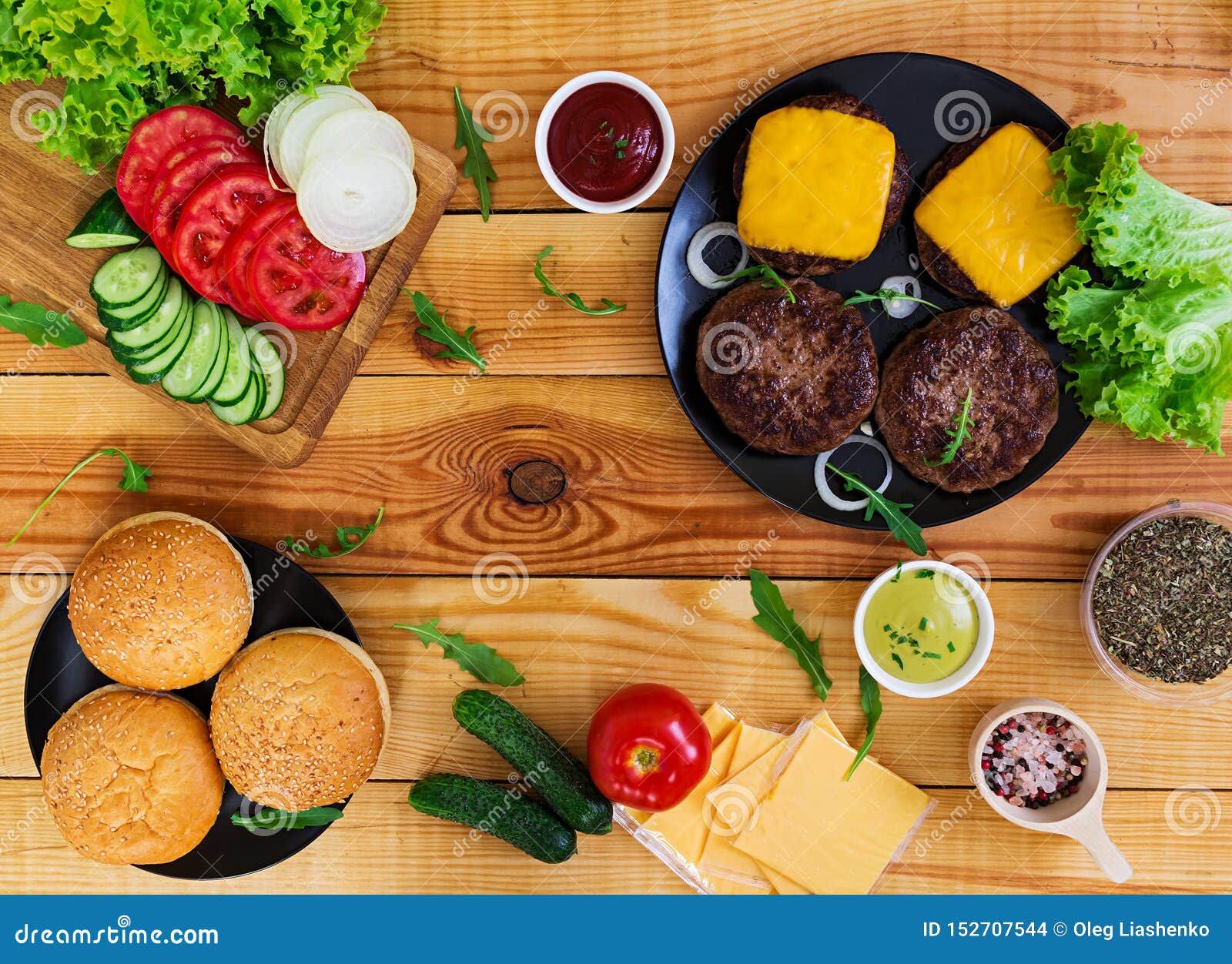 Ingredients for Burger on Wooden Background. Top View Stock Photo ...