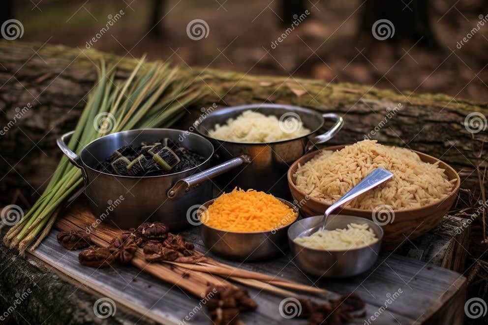 Ingredients for Campfire Rice Dish Arranged Outdoors Stock Illustration ...
