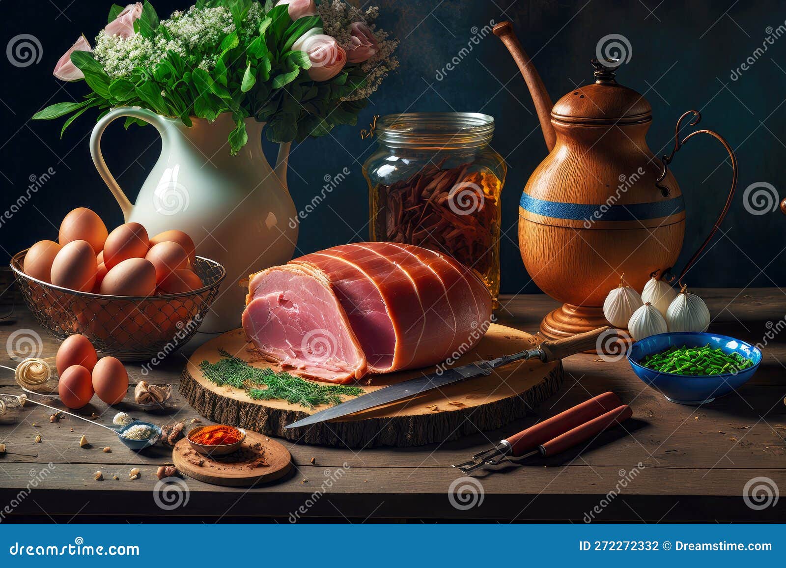 Ingredients for Cooking Easter Ham on Table Stock Illustration ...