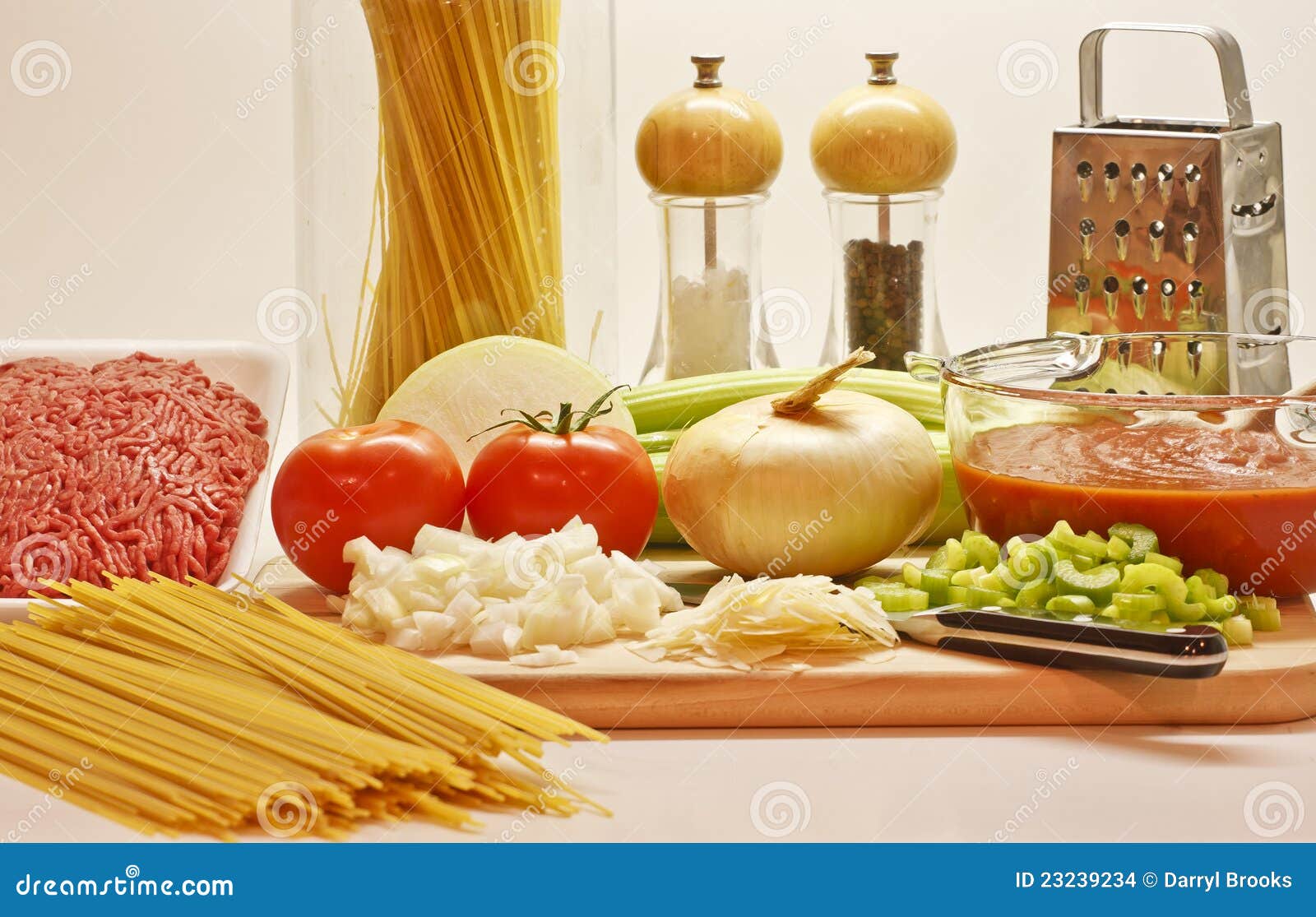 Ingredients for Cooking Spaghetti Stock Photo - Image of meal, knife ...
