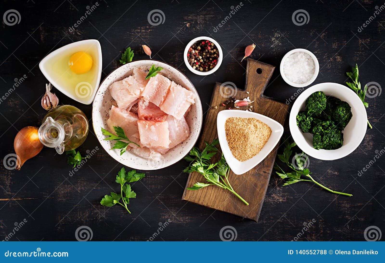 Ingredients for Homemade Fish Cake Cod, Spinach, Egg and Breadcrumbs ...