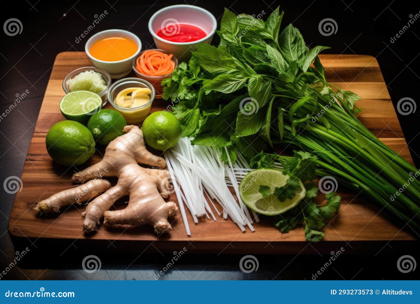 Ingredients for Pho Preparation Arrayed on a Wooden Chopping Board ...