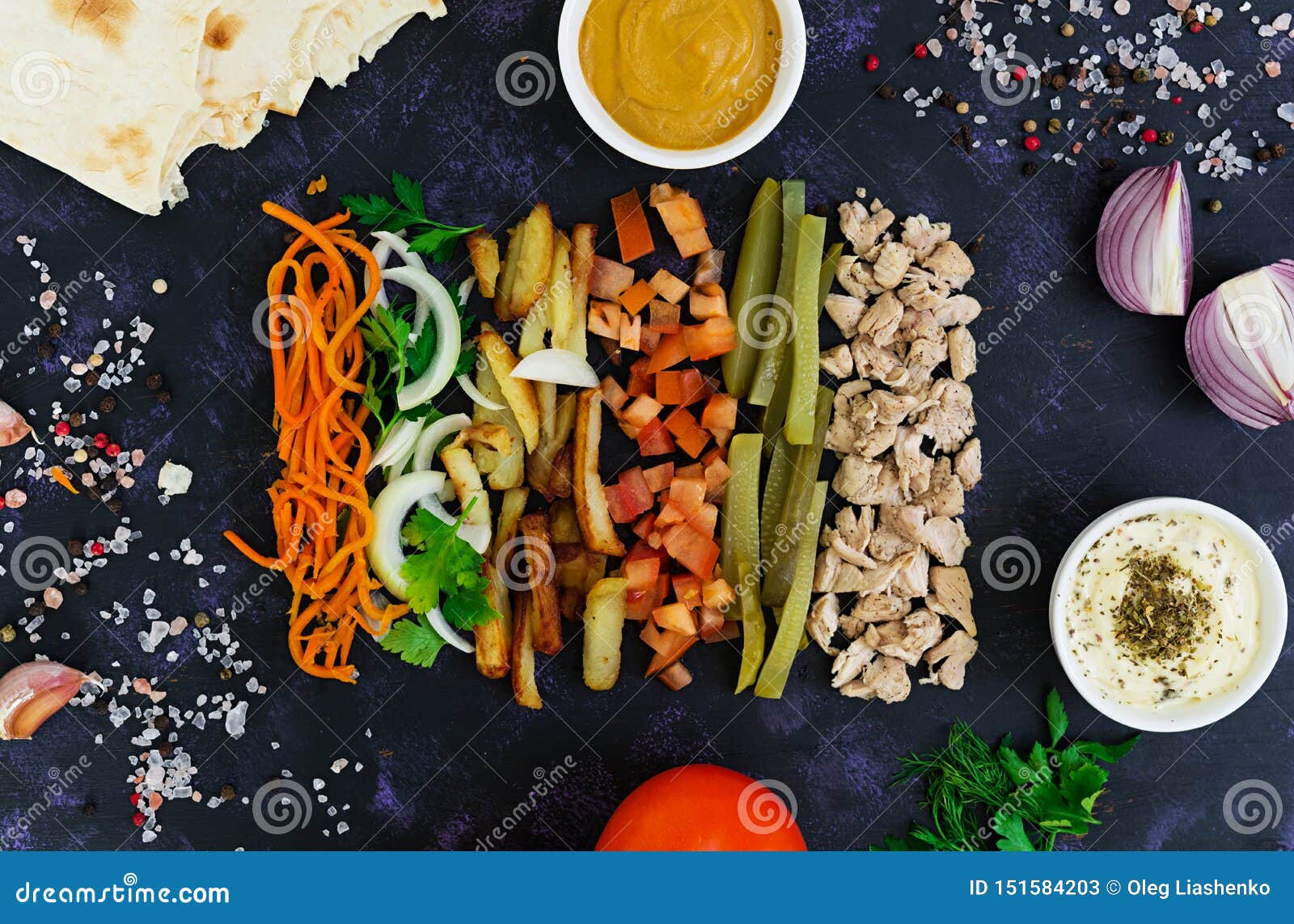 Ingredients for Shawarma Sandwich on Dark Background. Top View Stock ...