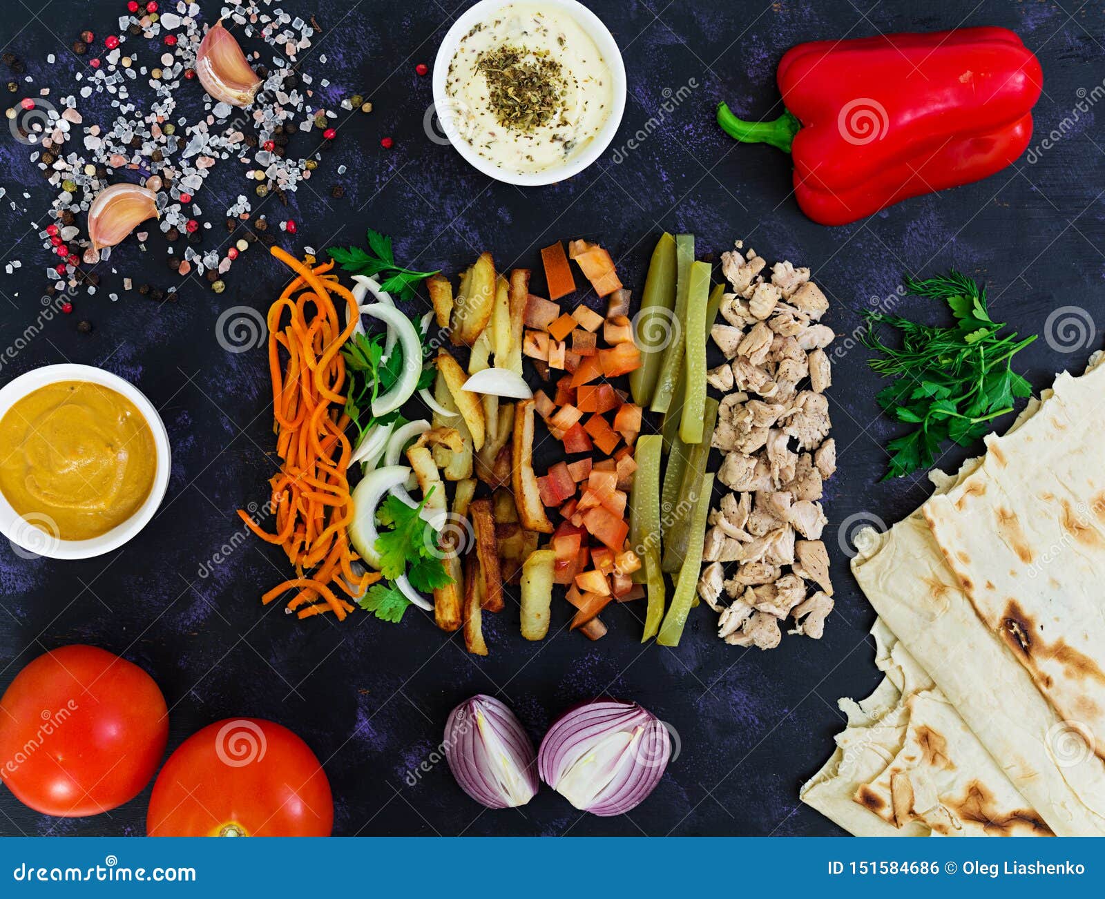 Ingredients for Shawarma Sandwich on Dark Background. Top View Stock ...