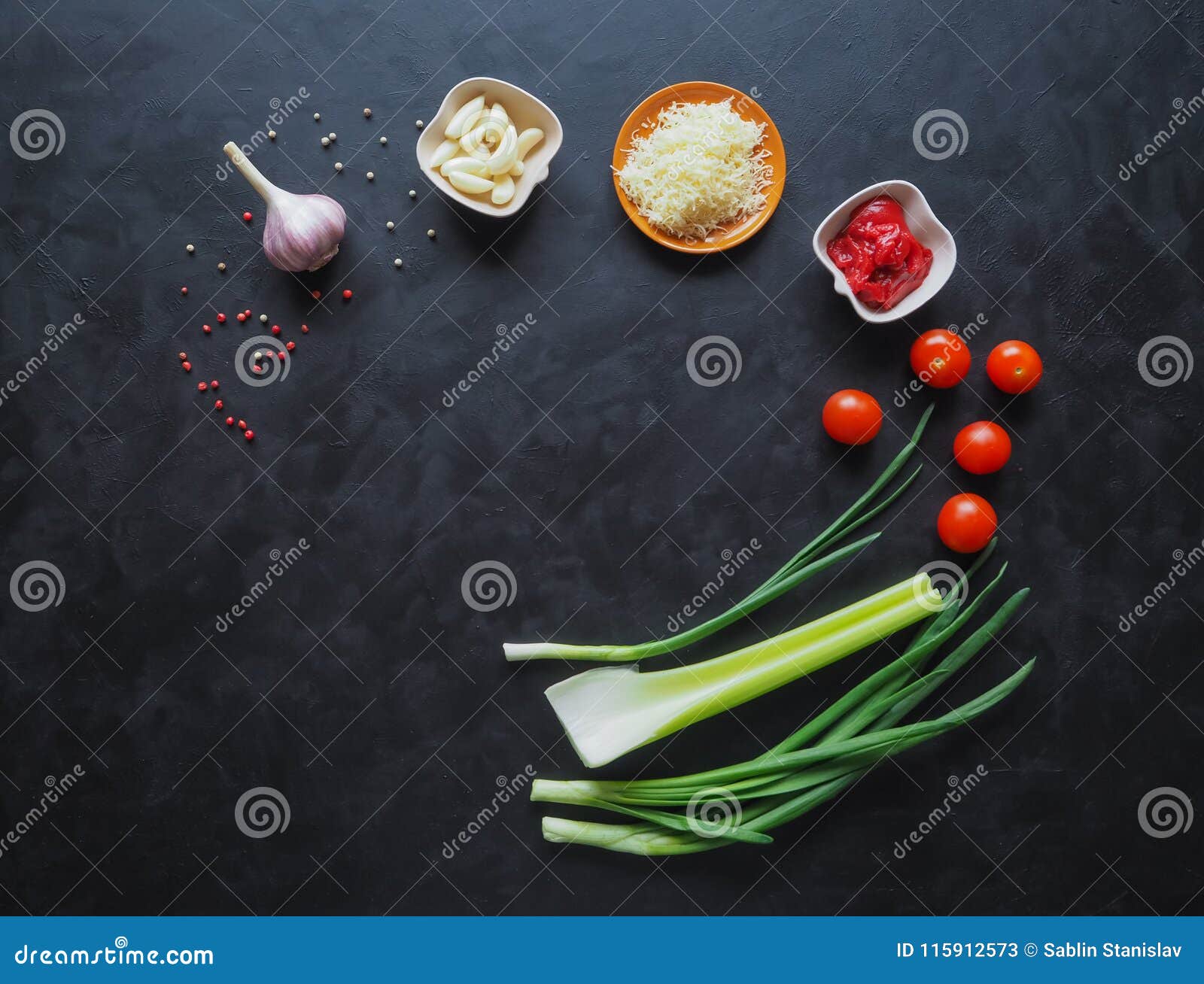 Ingredients for Spaghetti on a Black Background. Copy Space for Your ...