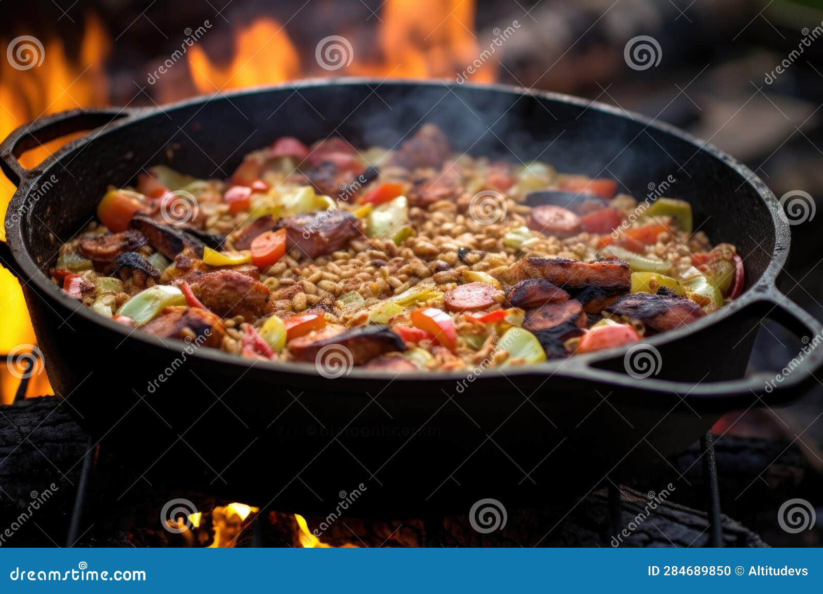 Ingredients Spread Around Open Fire with Jambalaya Cooking Stock ...