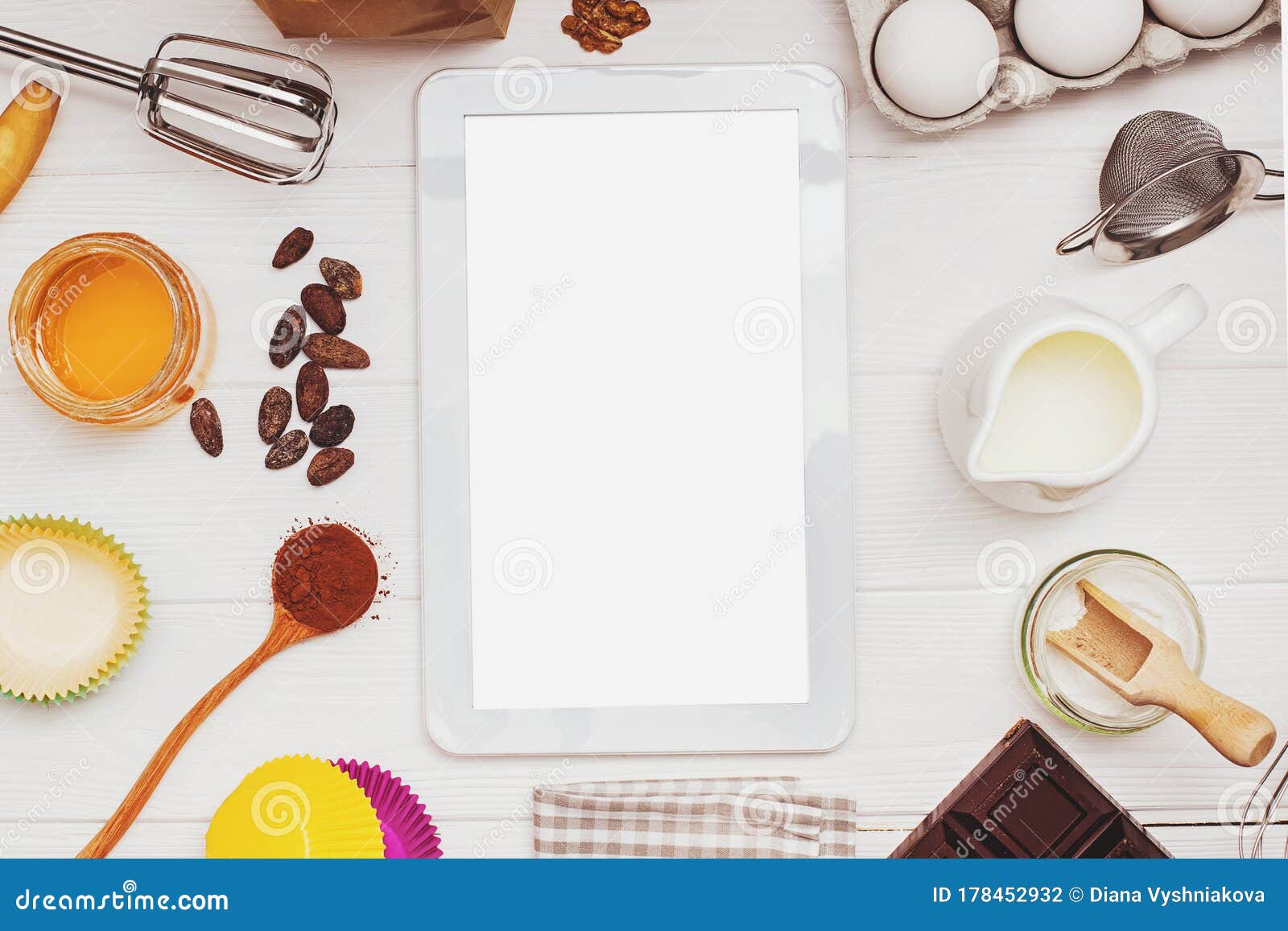 Ingredients and Tools for Baking and Tablet with Blank Screen and Place ...