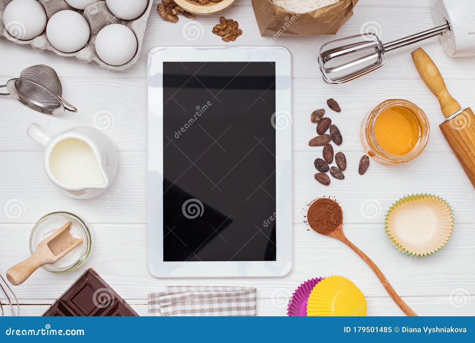 Ingredients and Tools for Baking and Tablet with Blank Screen and Place ...