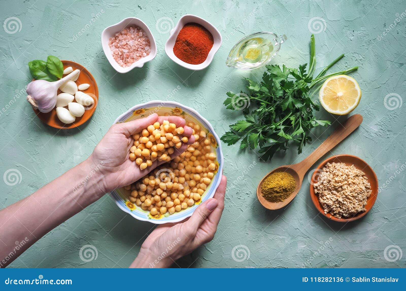 Ingredients for Traditional Hummus on the Kitchen Table. Top View ...