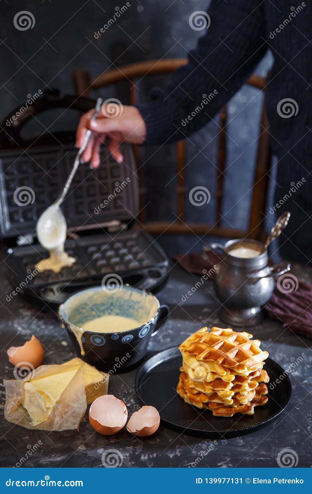 Ingredients for Viennese Waffles, Waffle Iron and Human Hands Stock ...