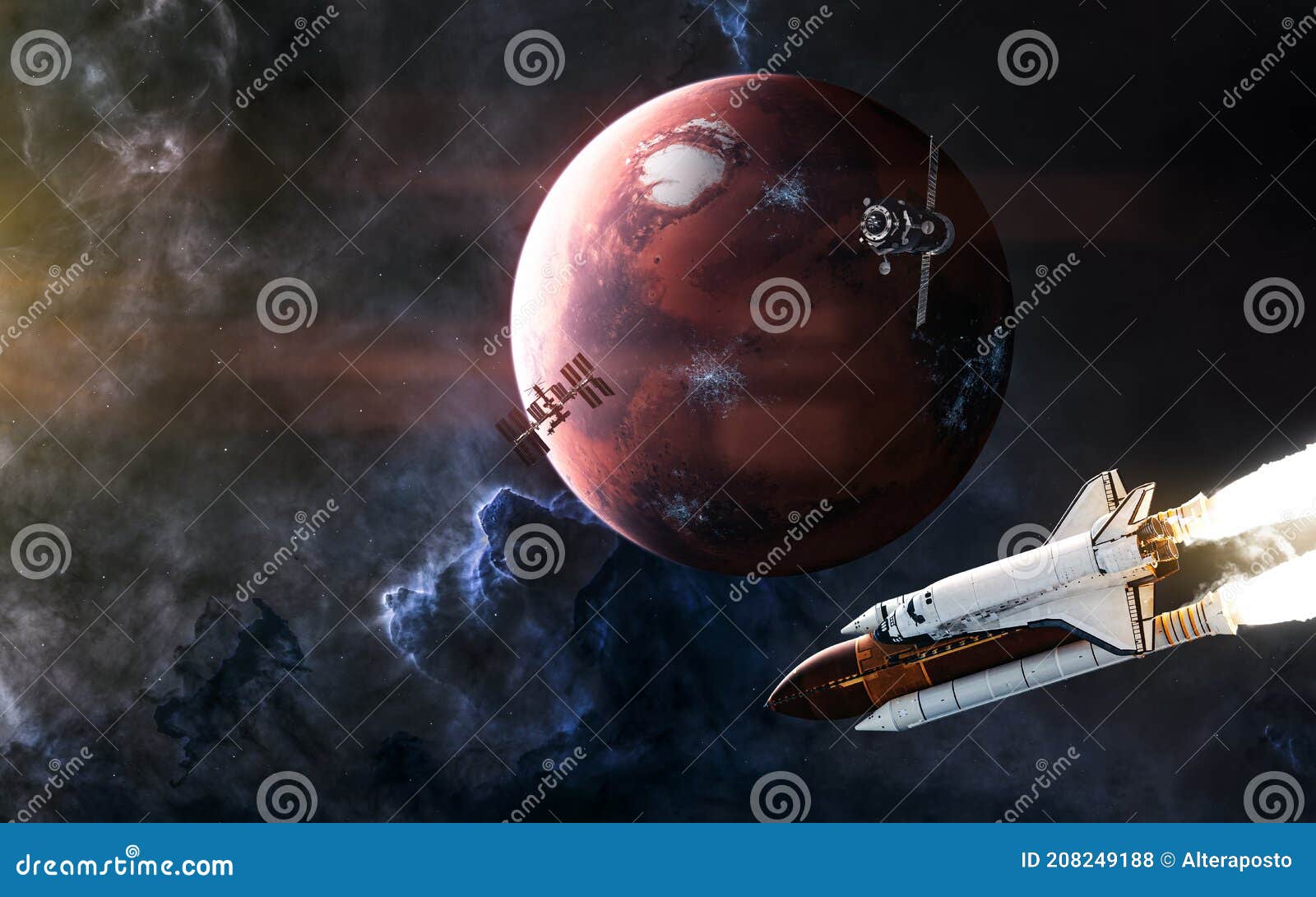 Inhabited Mars. Space Stations, Shuttle On Background Of Red Planet Of ...