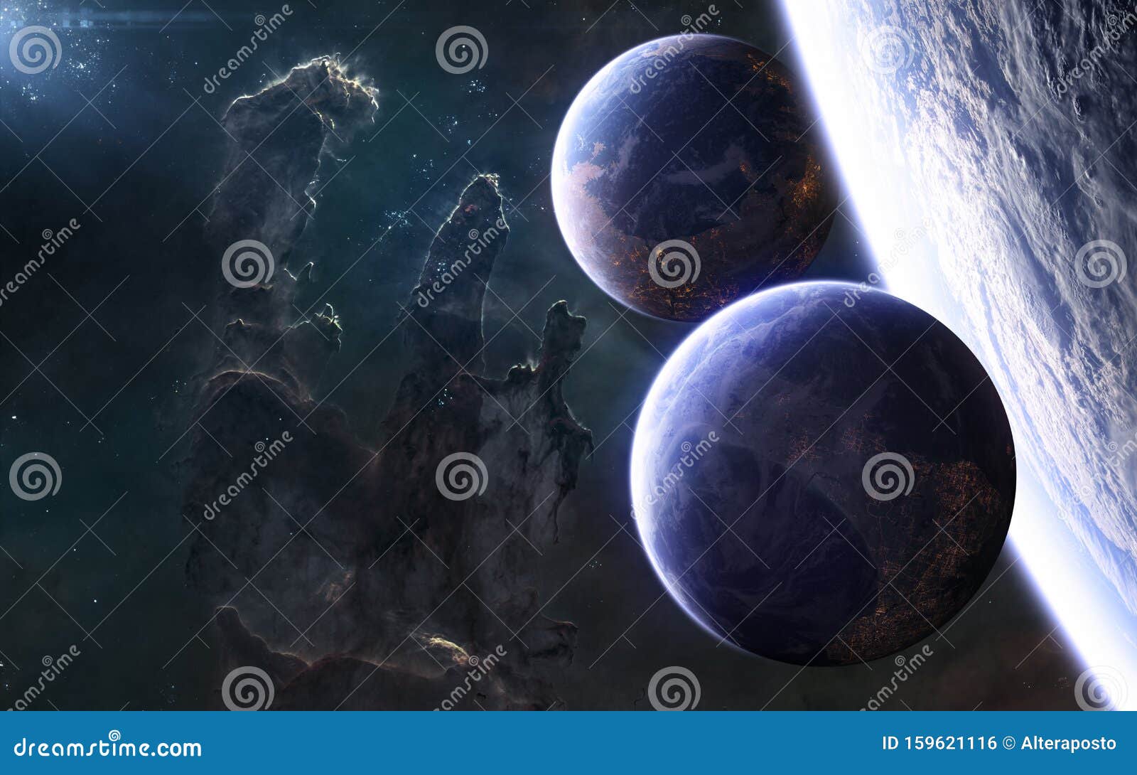 Planets In Deep Space. Beautiful Cosmic Landscape. Space Station In ...