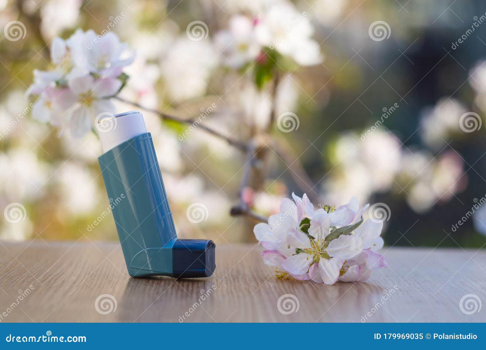 Inhaler for Asthma with a Blossoming Apple Tree Stock Image - Image of ...