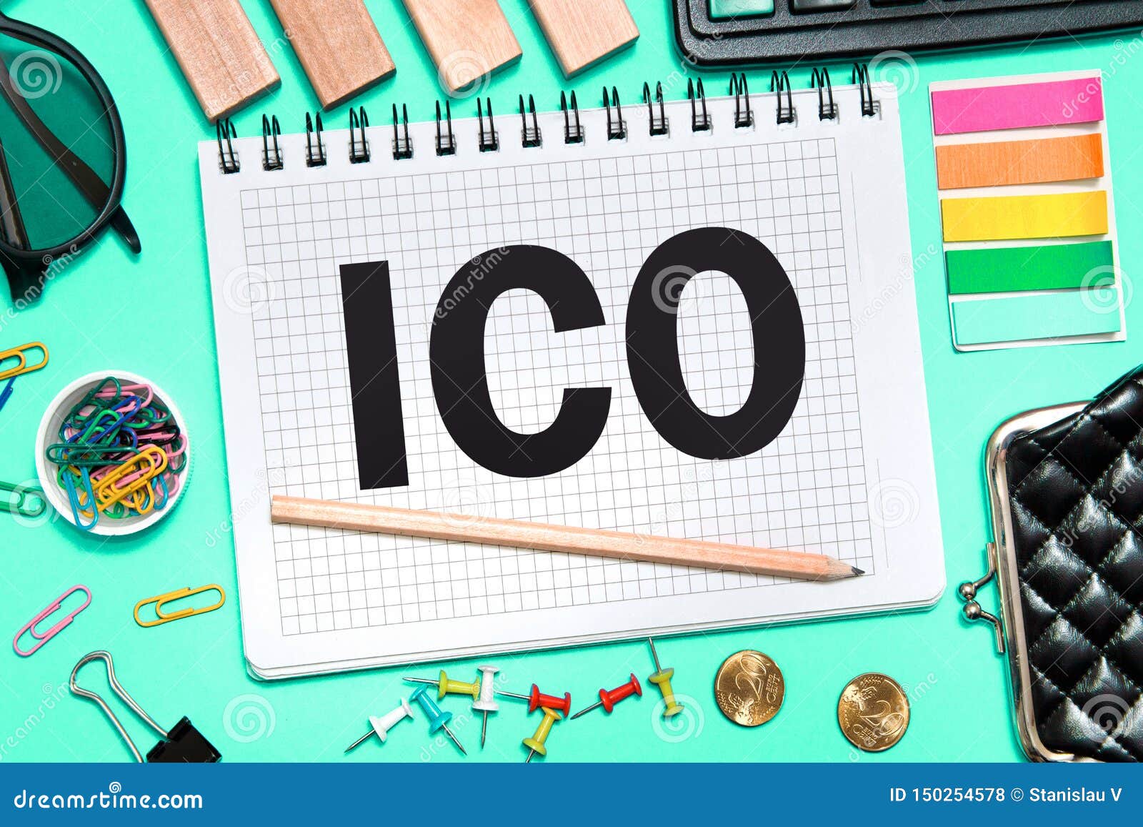 Initial Coin Offering. ICO with Office Tools on Blue Background ...