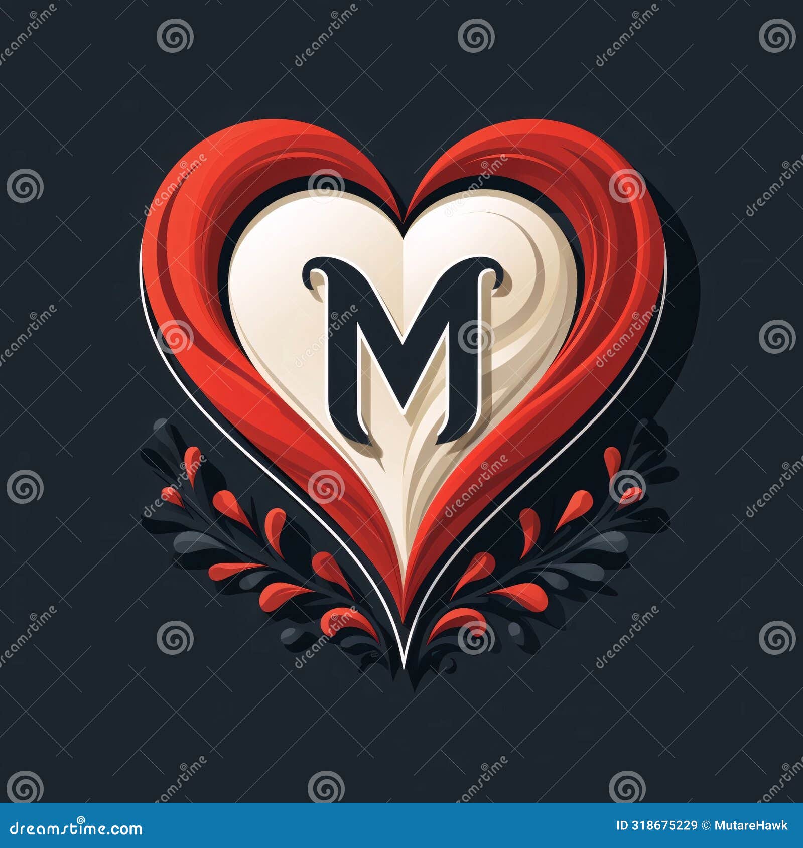 Initial Letter M in Heart Shape with Floral Element. Vector ...