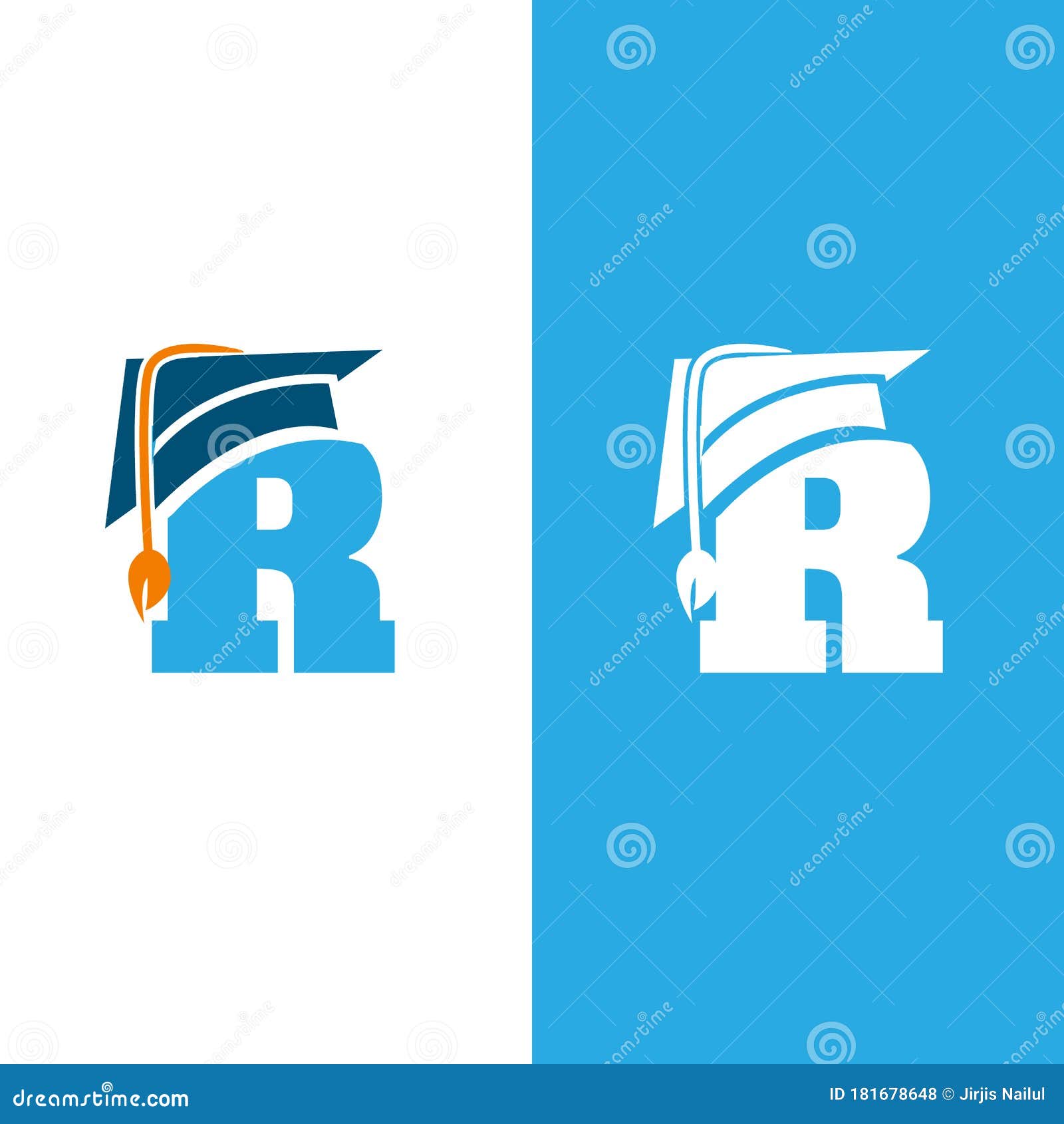 Initial Letter R with Graduation Hat Isolated White and Blue Background ...