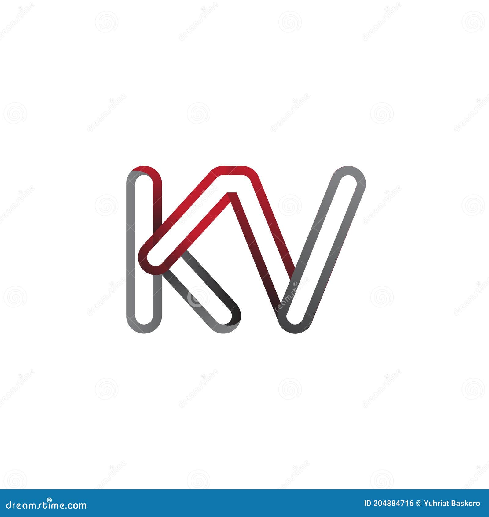 Initial Logo Letter KV, Linked Outline Red and Grey Colored, Rounded ...