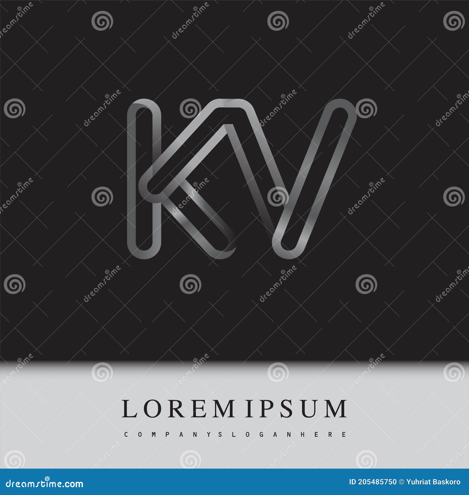 Initial Logo Letter KV, Linked Outline Silver Colored, Rounded Logotype ...
