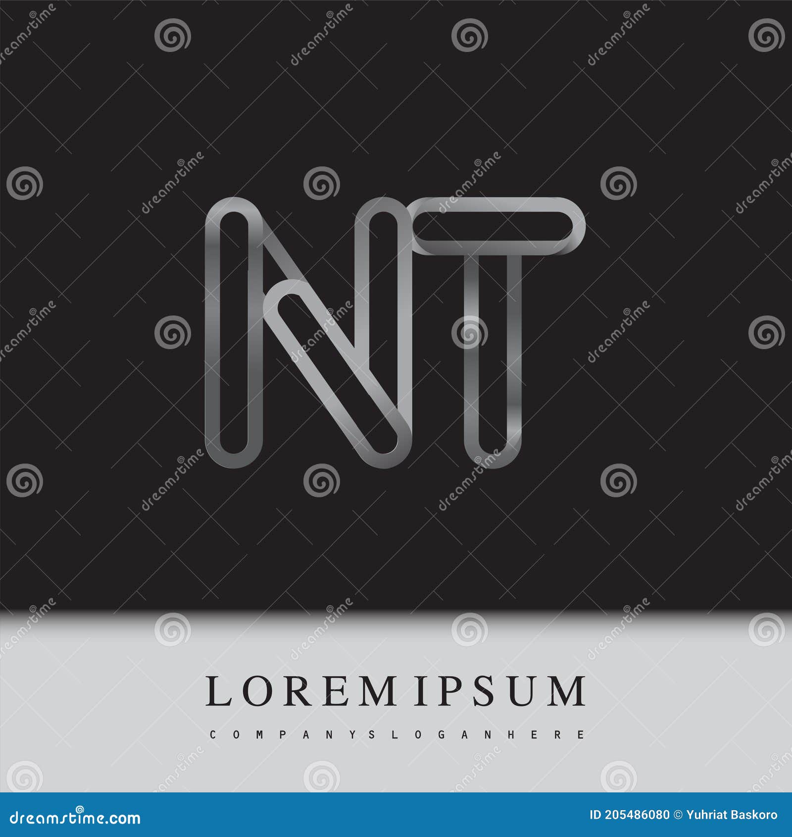 Initial Logo Letter NT, Linked Outline Silver Colored, Rounded Logotype ...