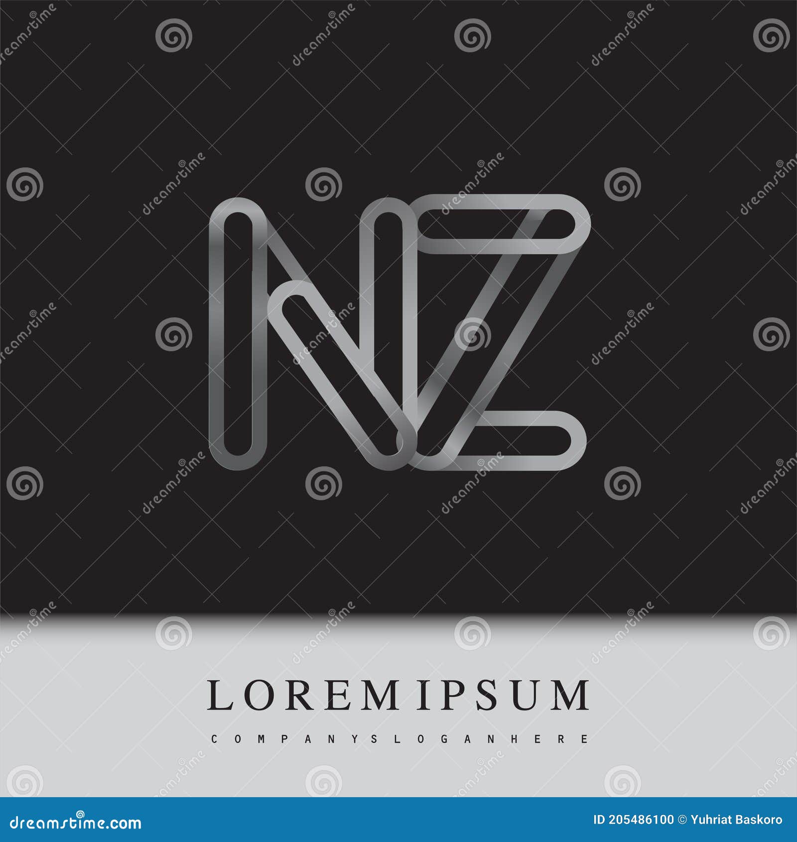 Initial Logo Letter NZ, Linked Outline Silver Colored, Rounded Logotype ...