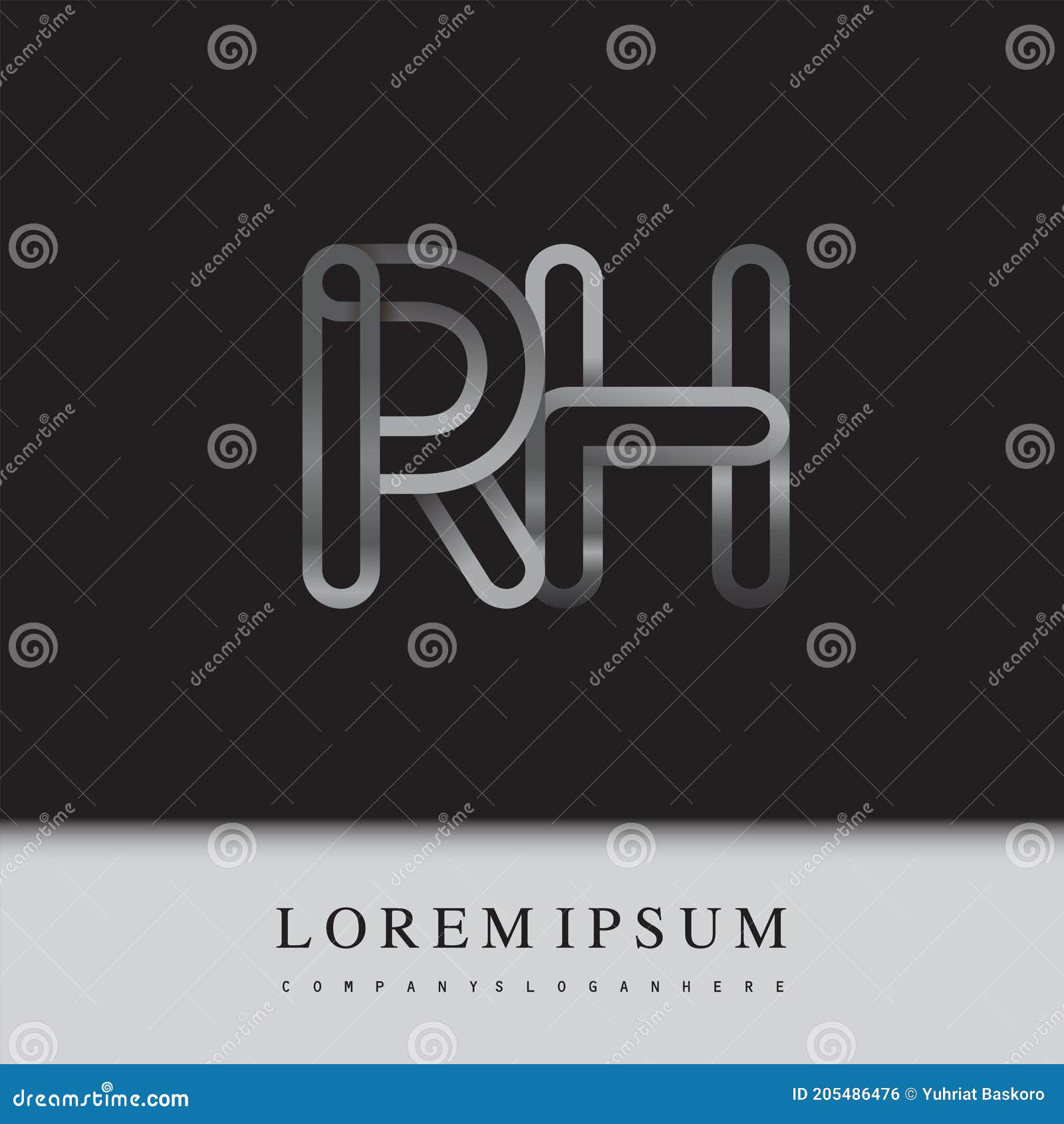 Initial Logo Letter RH, Linked Outline Silver Colored, Rounded Logotype ...
