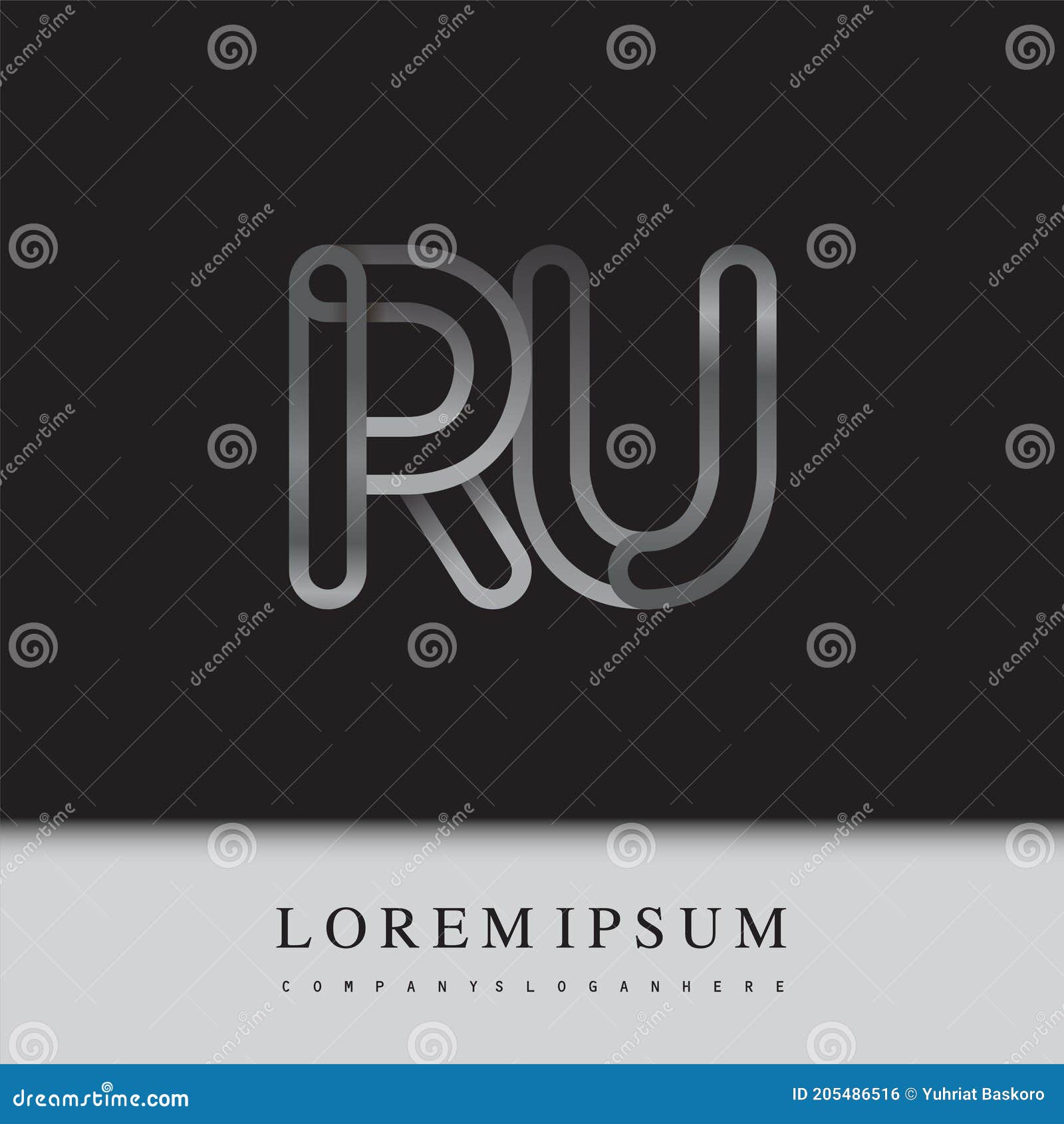 Initial Logo Letter RU, Linked Outline Silver Colored, Rounded Logotype ...