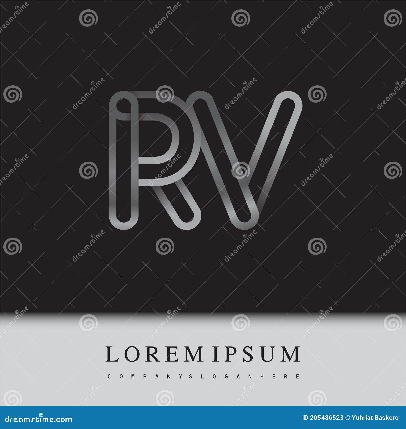 Initial Logo Letter RV, Linked Outline Silver Colored, Rounded Logotype ...