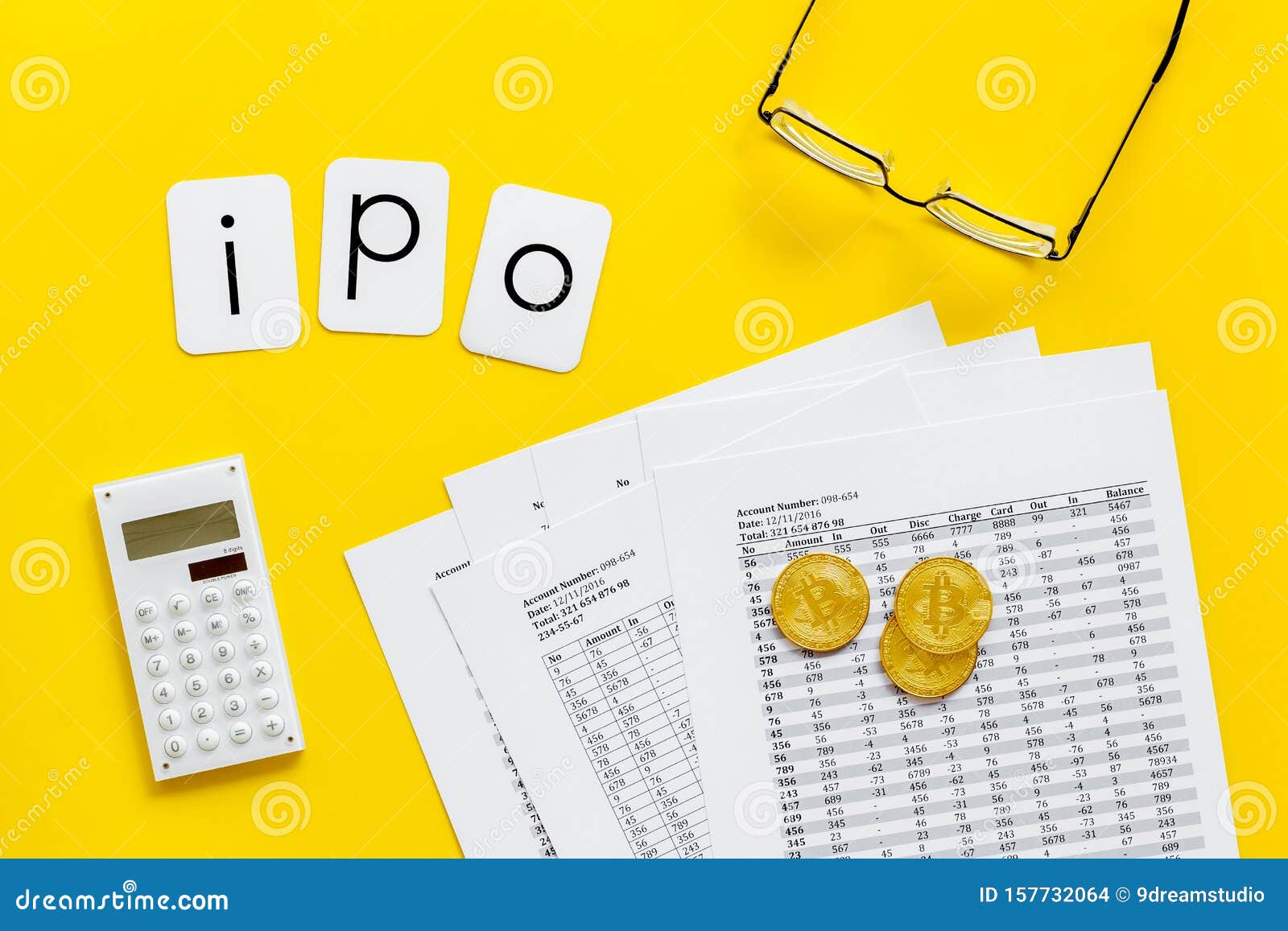Initial Public Offering IPO with Coins, Calculation Table, Office Tools ...