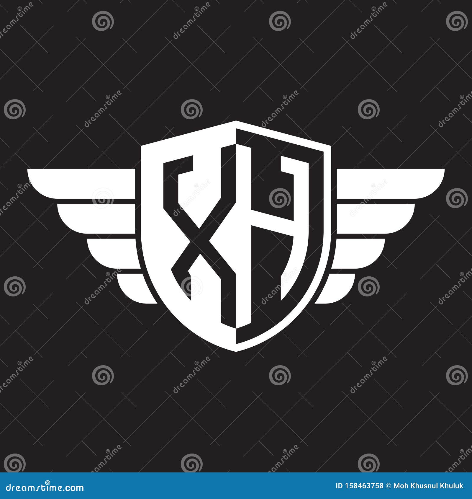 Initial Two Letter XH Logo Shield with Wings Vector White Color Stock ...