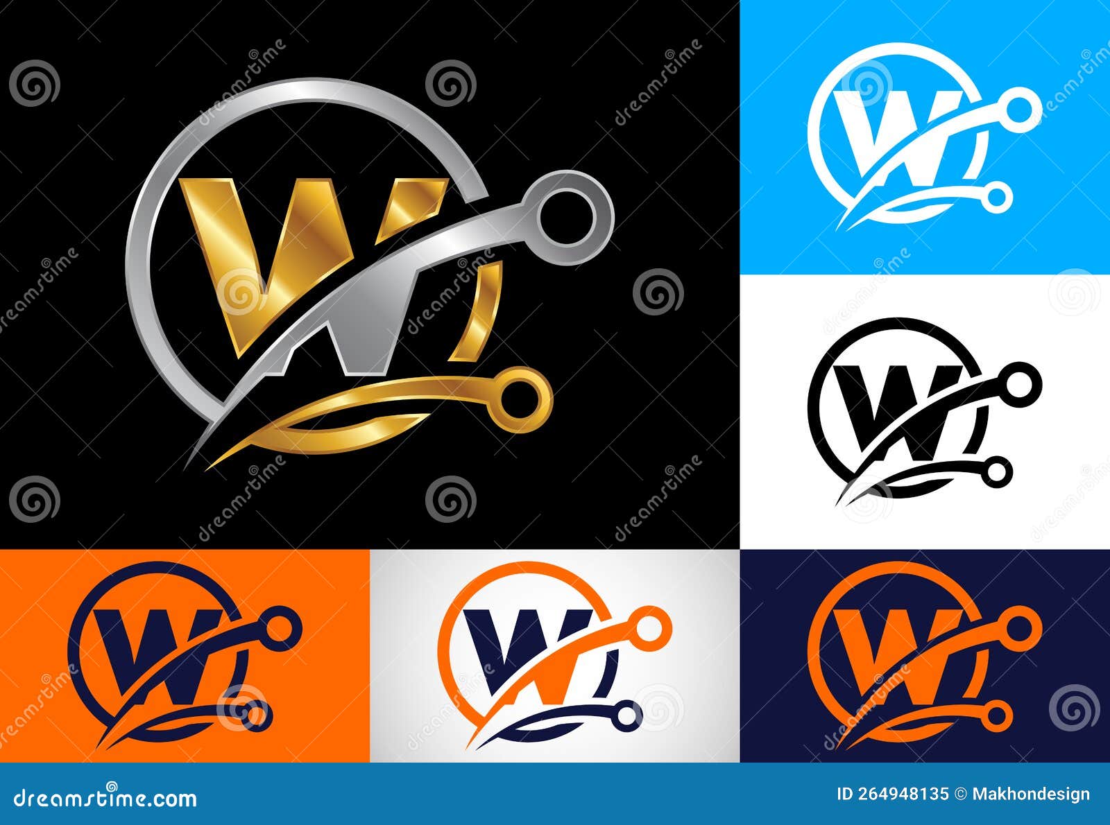 Initial W Monogram Alphabet in a Circle with a Technology Sign Symbol ...