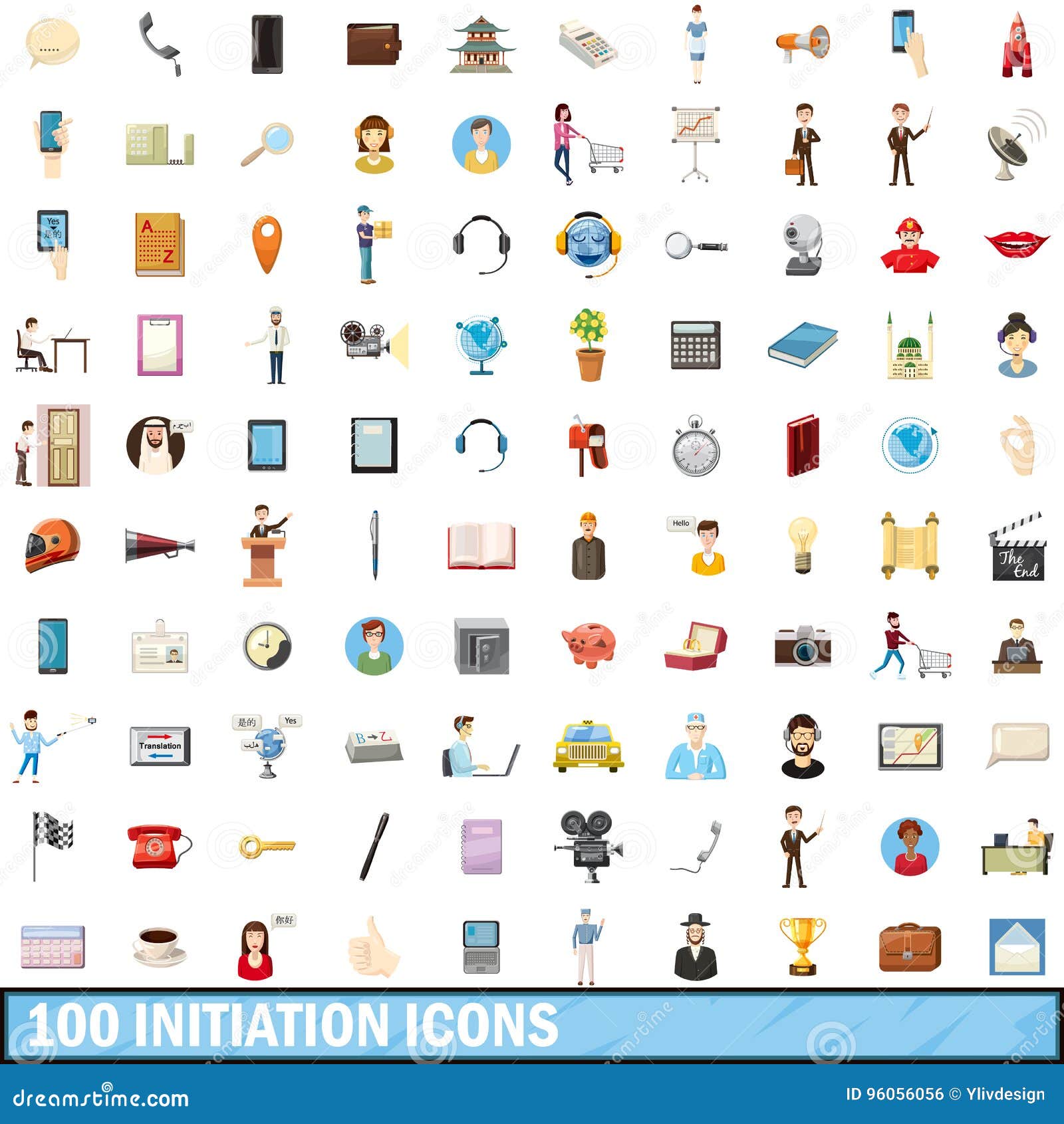 100 Initiation Icons Set, Cartoon Style Stock Vector - Illustration of ...
