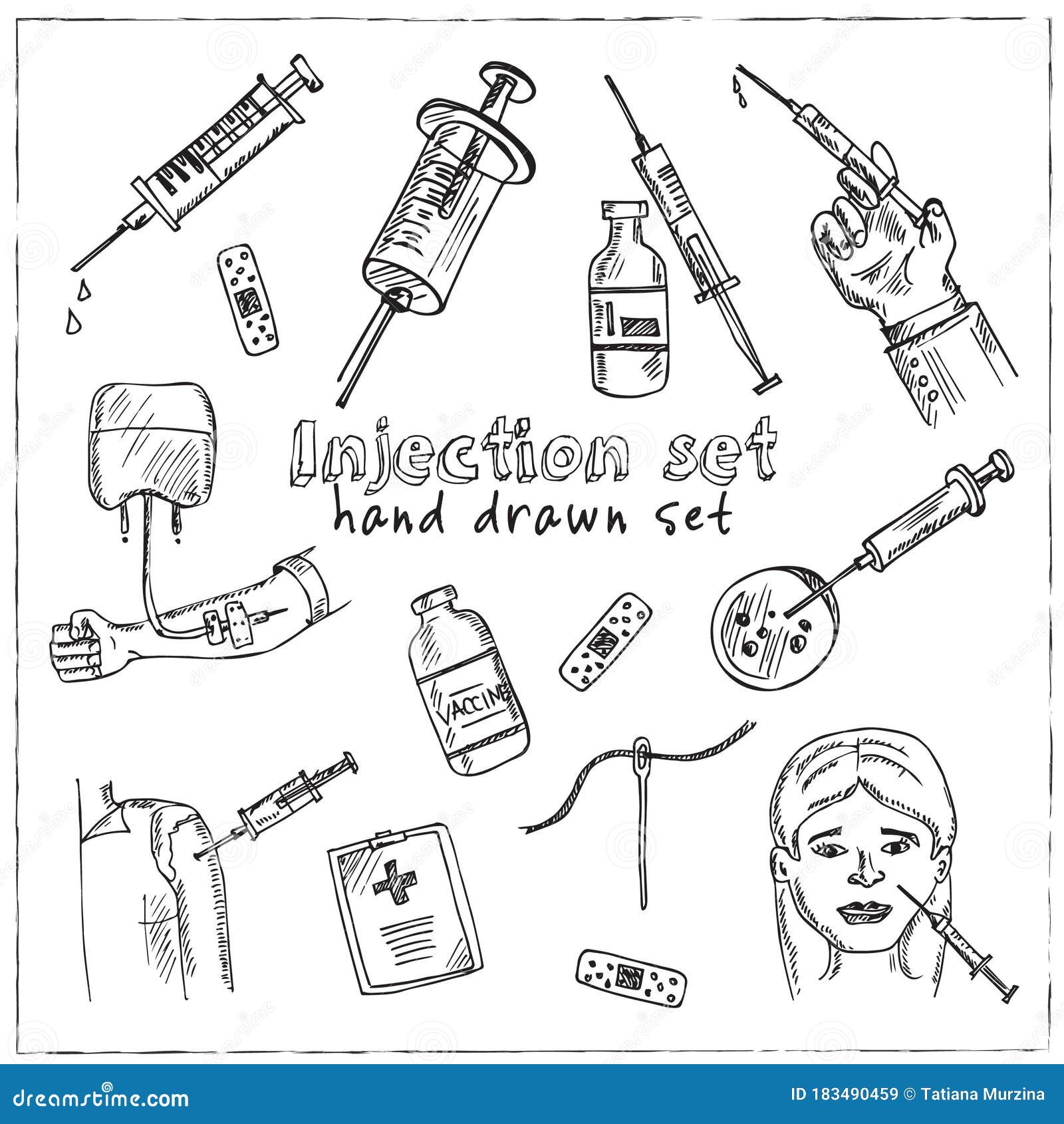 Injection Hand Drawn Doodle Set. Isolated Elements On White Background ...