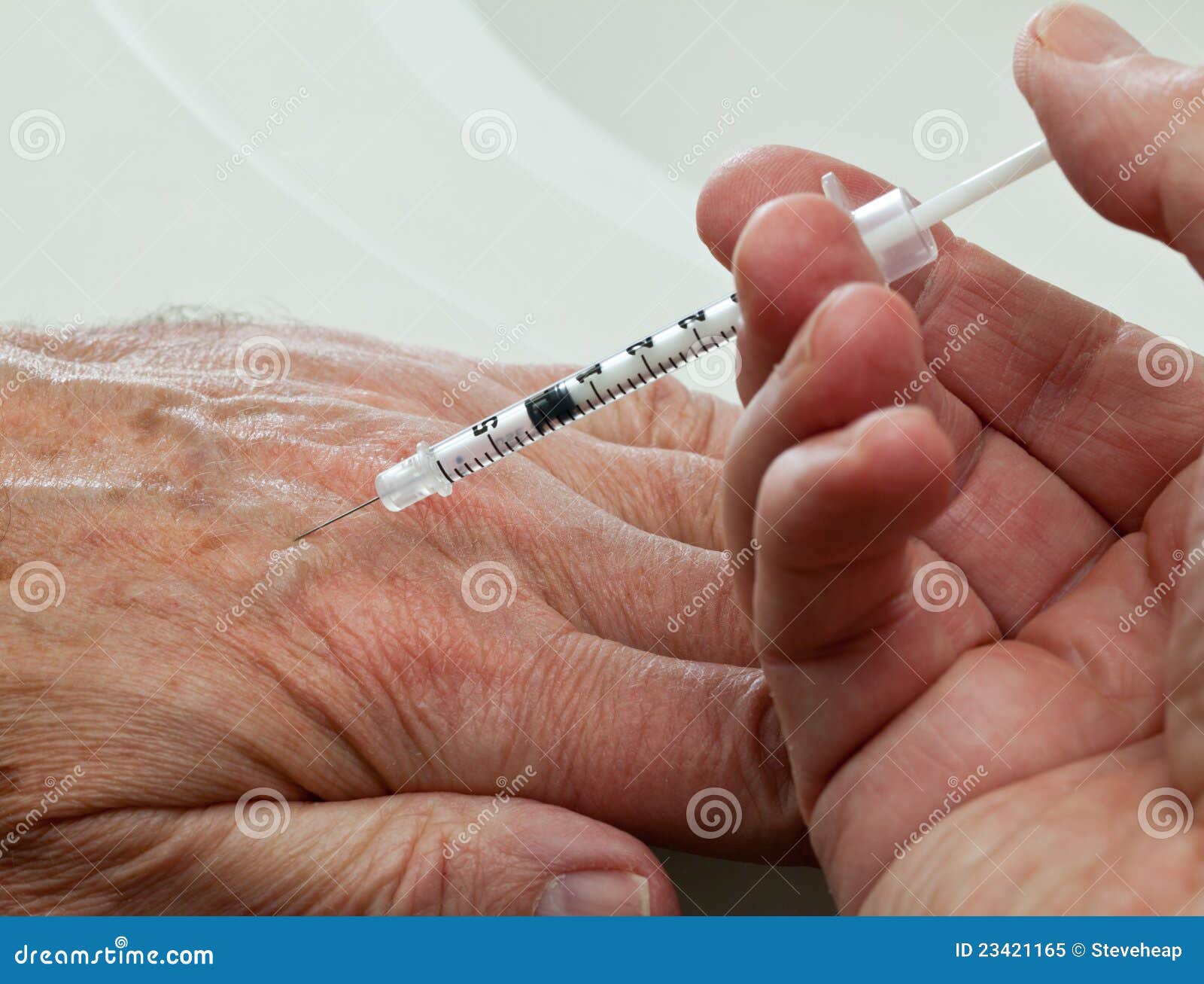 Injection into Hand of Senior Male Stock Image - Image of needle ...