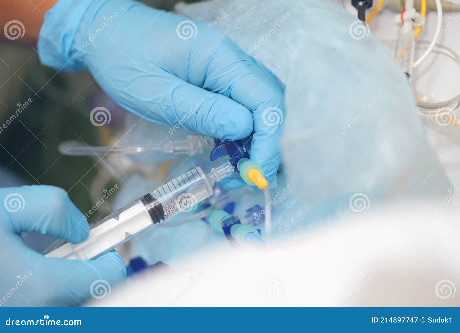 Injection of Medication into the Catheter Stock Image - Image of gloves ...