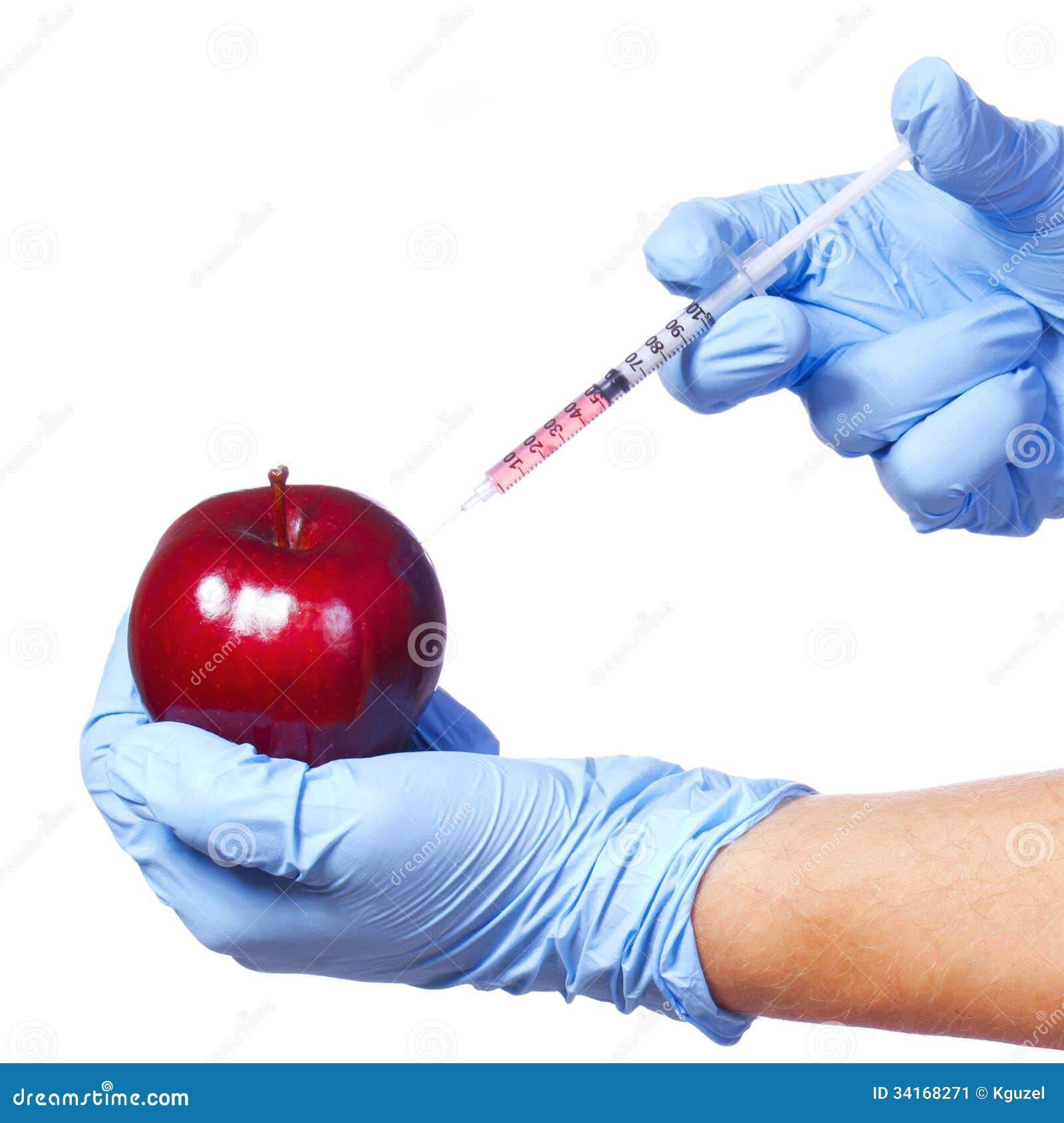 Injection into Red Apple Isolated on White Background. Genetically ...