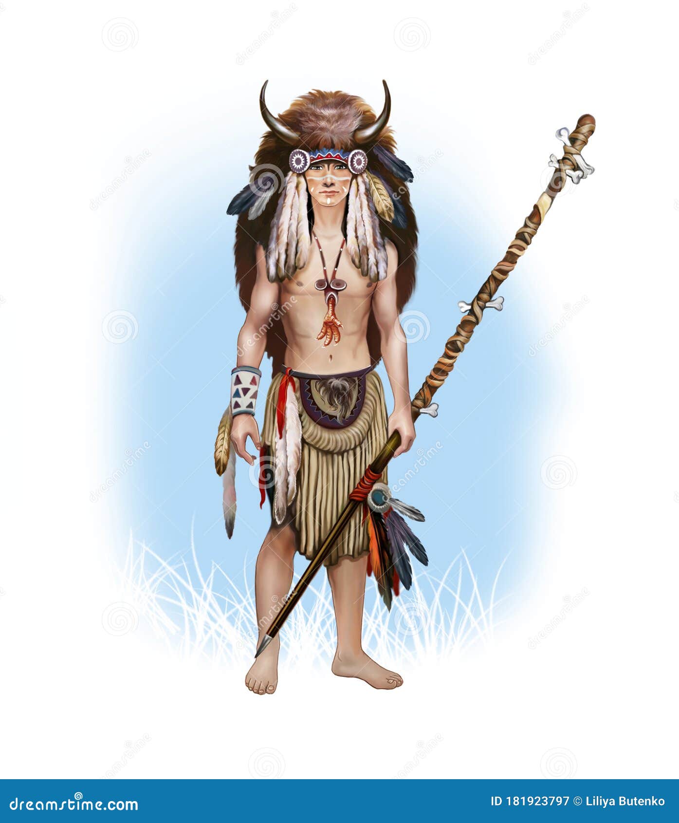 An Injun Stands with a Spear Stock Illustration - Illustration of skin ...