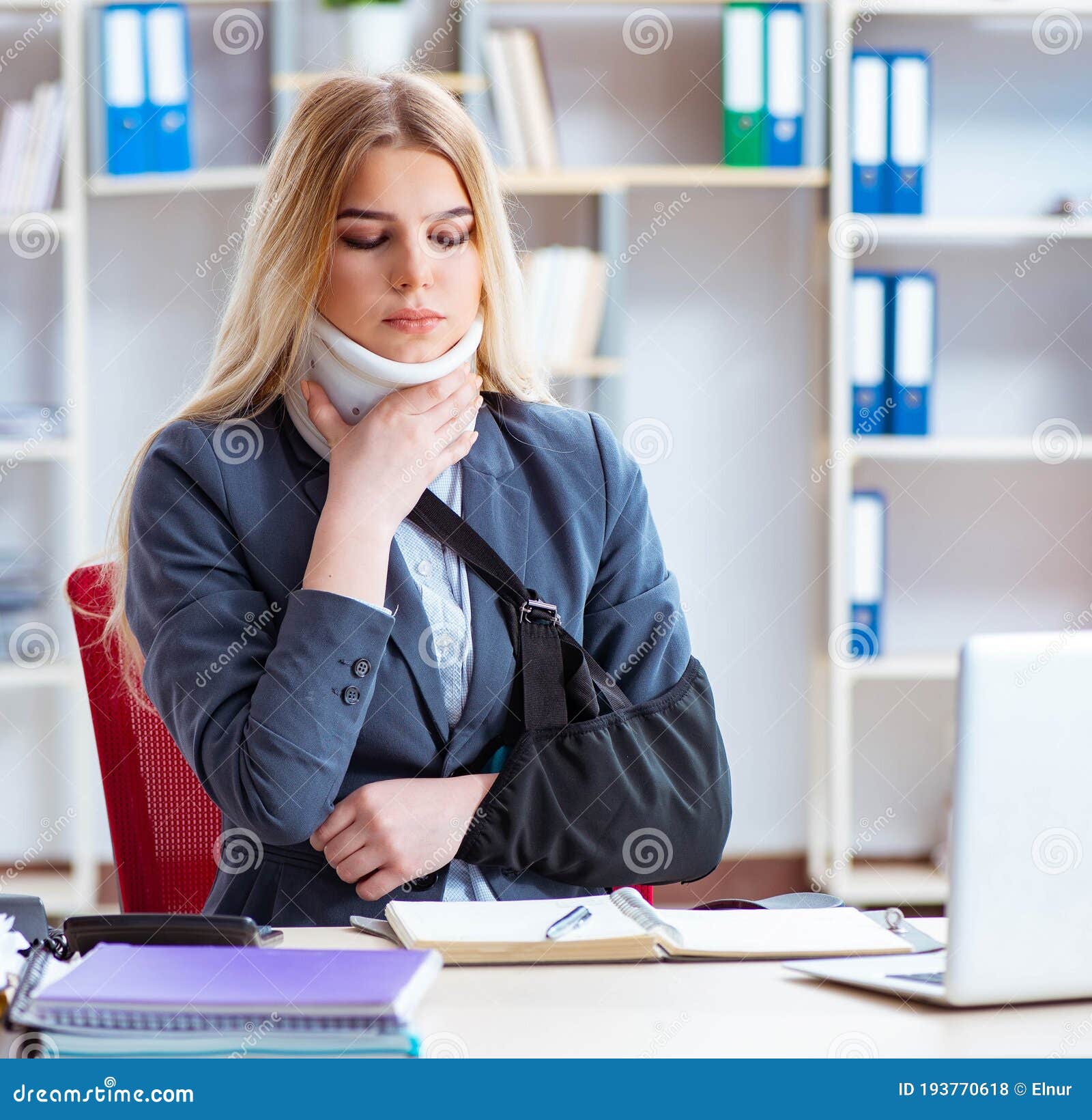 Injured Female Employee Working in the Office Stock Photo - Image of ...