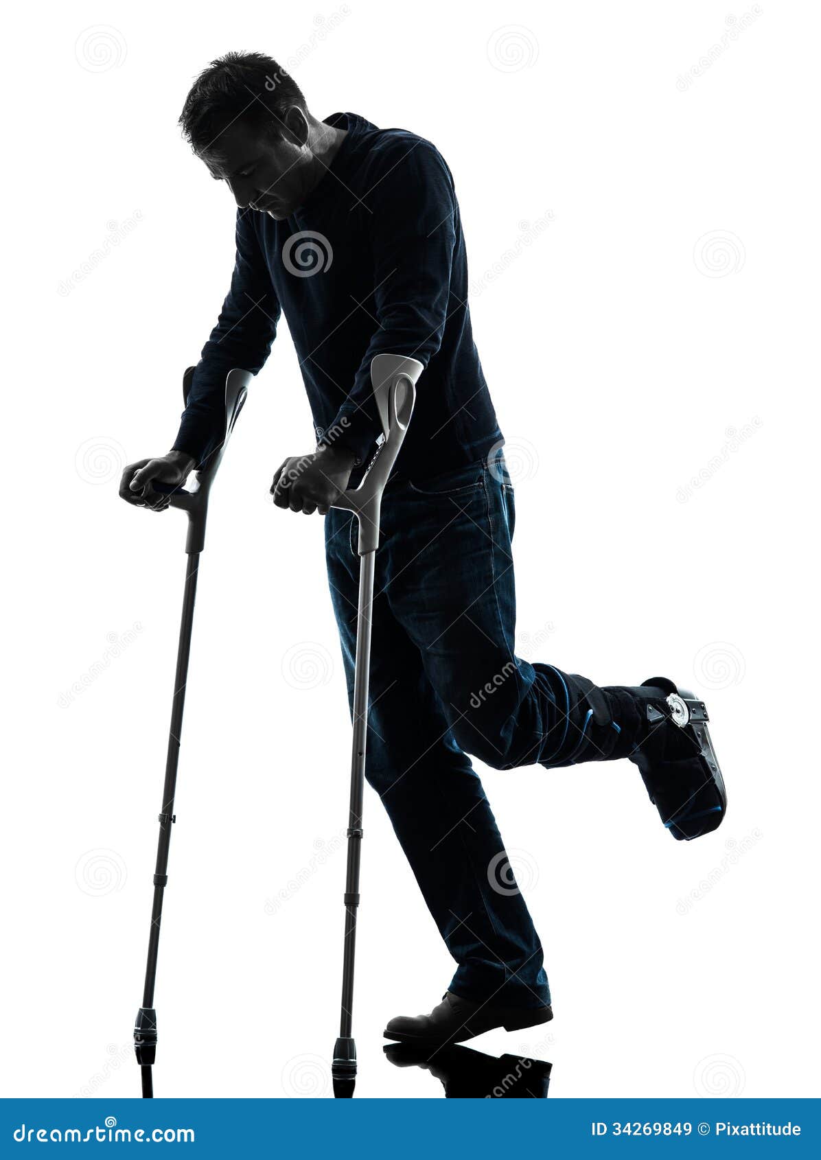 Injured Man Walking Rear View With Crutches Silhouette Stock Photo ...