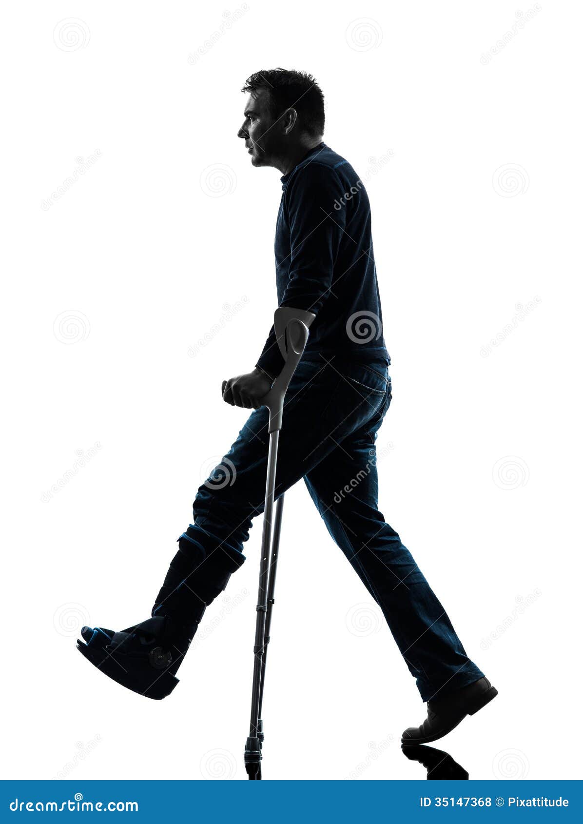 Injured Man Walking Rear View With Crutches Silhouette Stock Photo ...