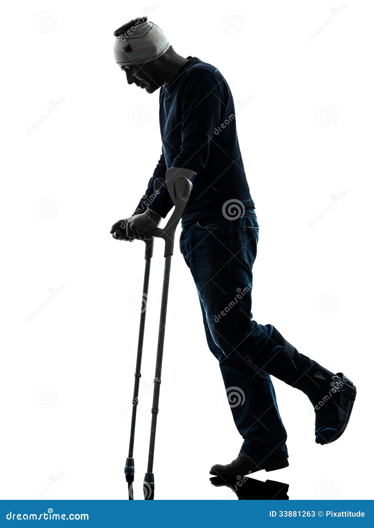 Injured Man Walking Rear View With Crutches Silhouette Stock Photo ...