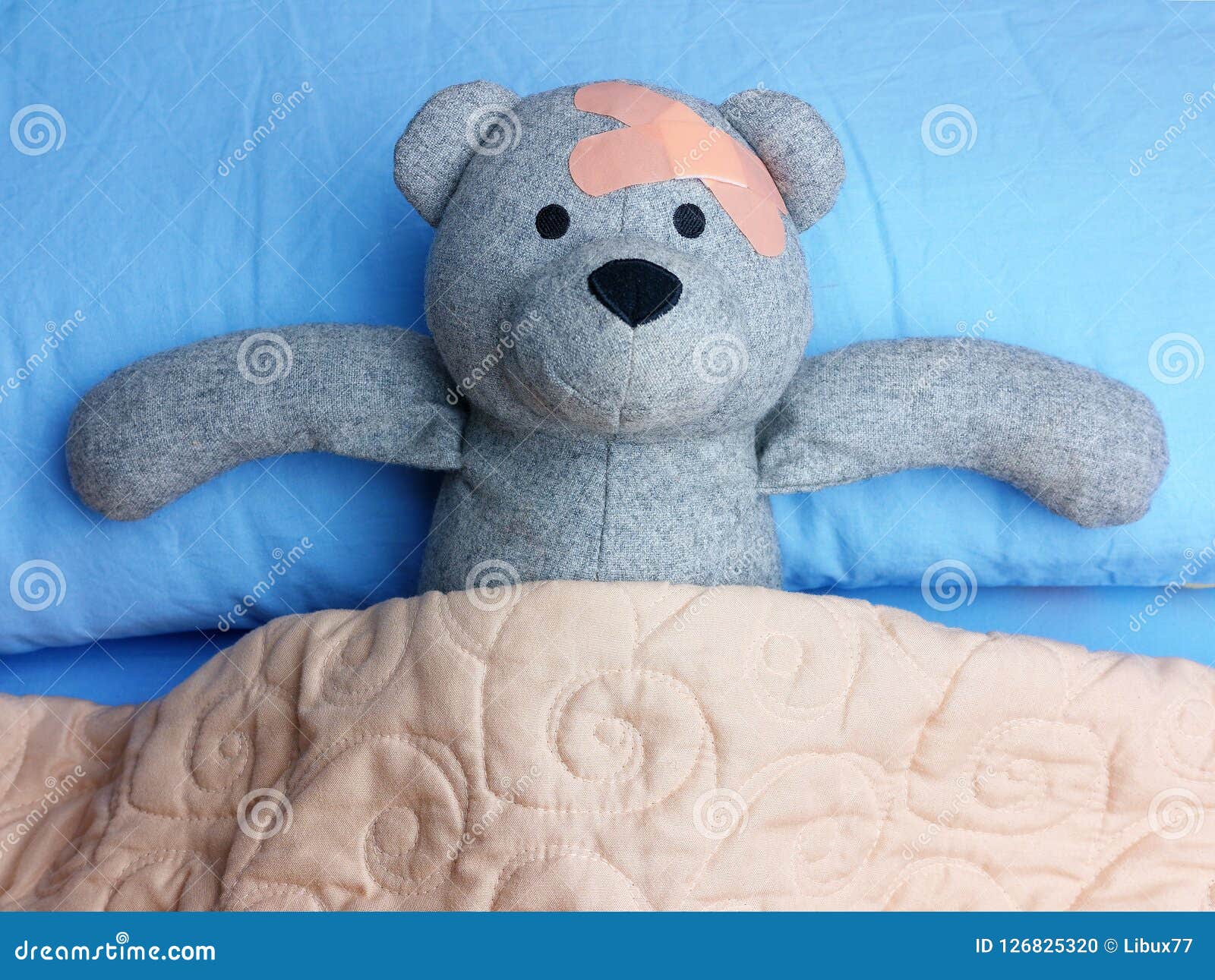 Injured Teddy Bear Plasters Resting in the Bed Stock Photo - Image of ...
