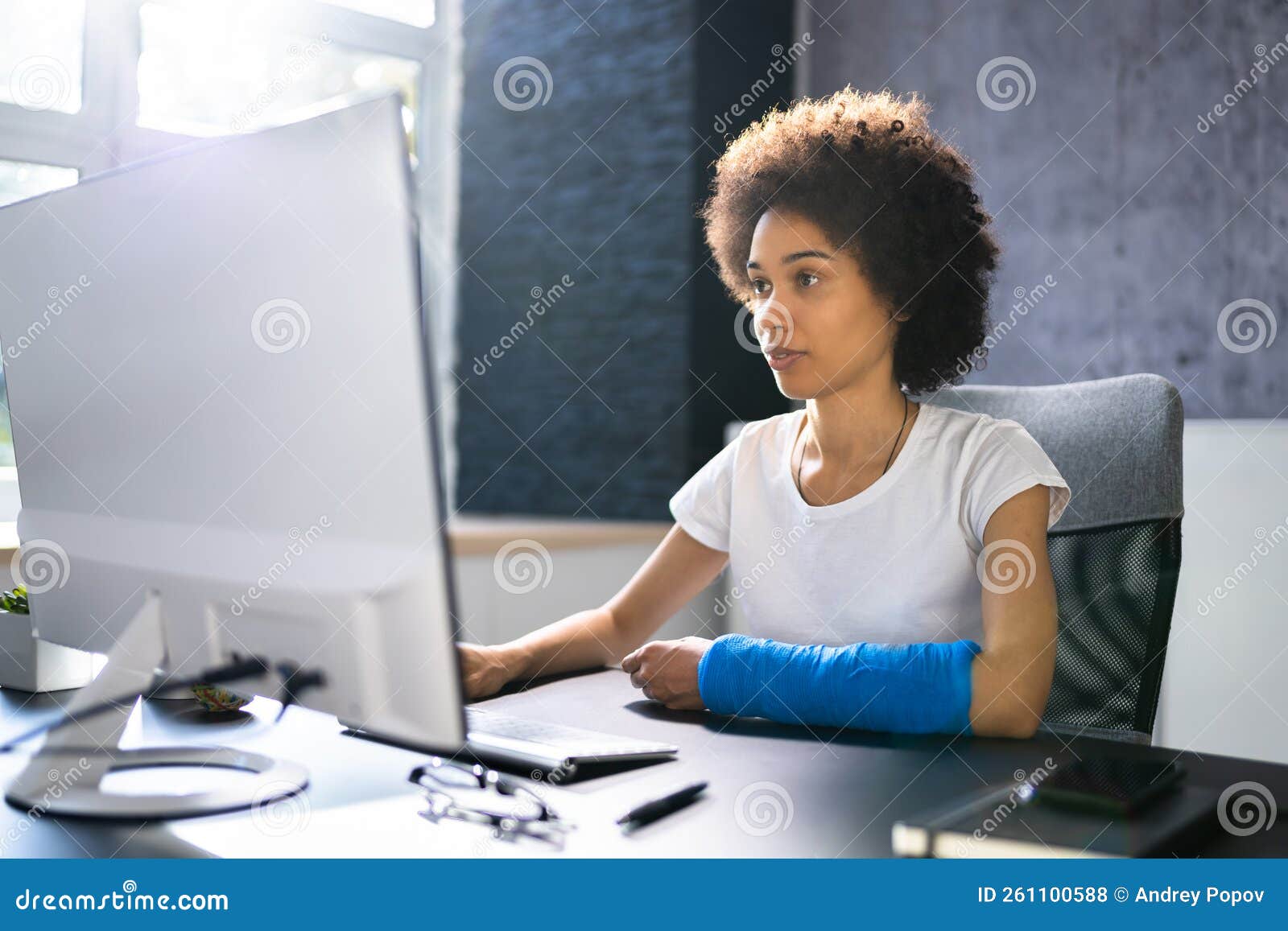 Injured Worker Compensation. Broken Arm African Woman Stock Photo ...